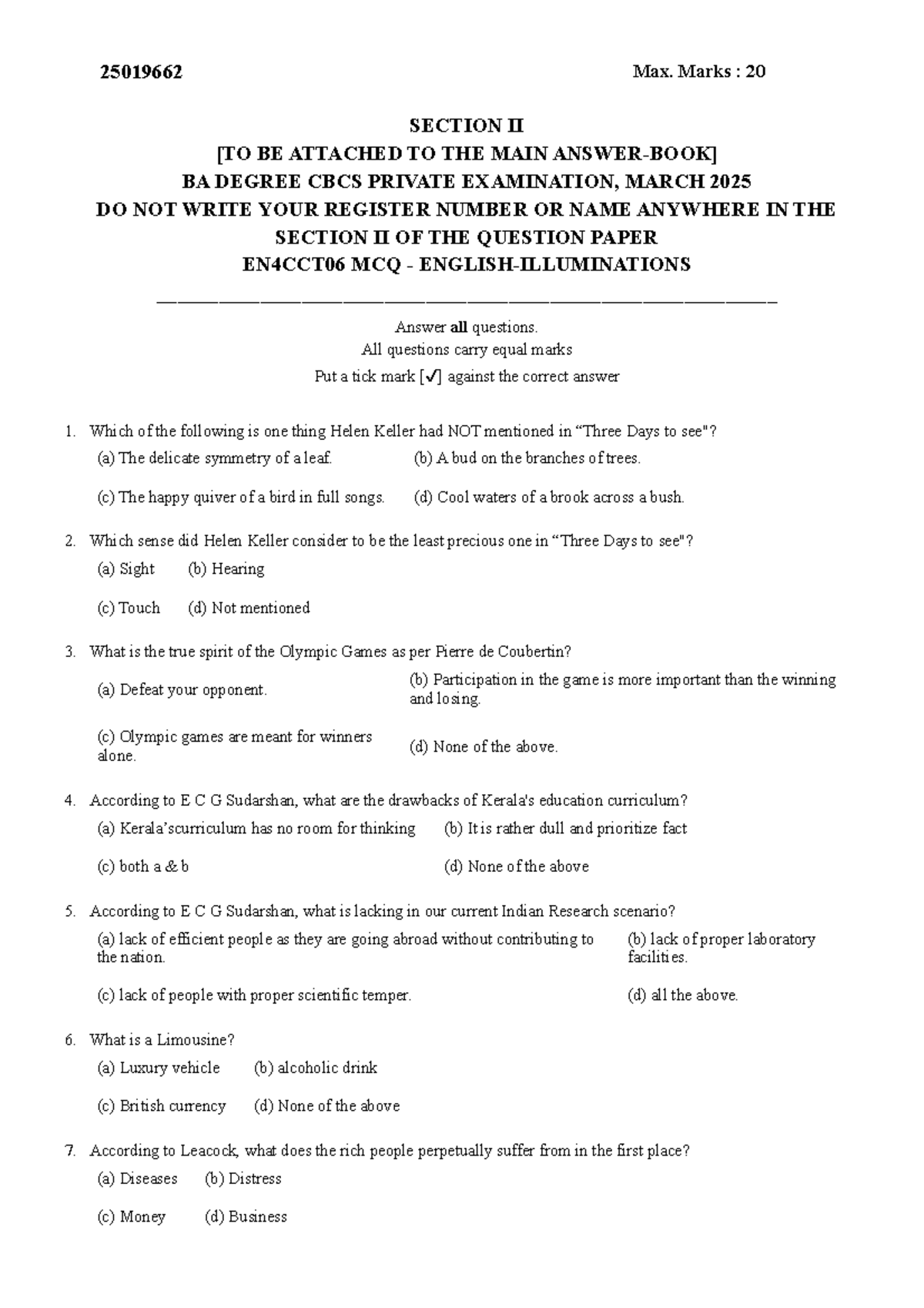 25019662 EN4CCT06 MCQ English Illuminations Exam Questions - Studocu