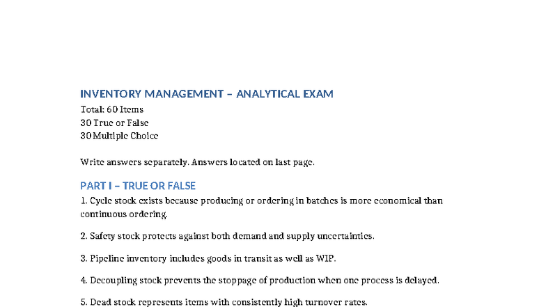 INVENTORY MANAGEMENT ANALYTICAL EXAM (IM 101) - 60 Items - Studocu