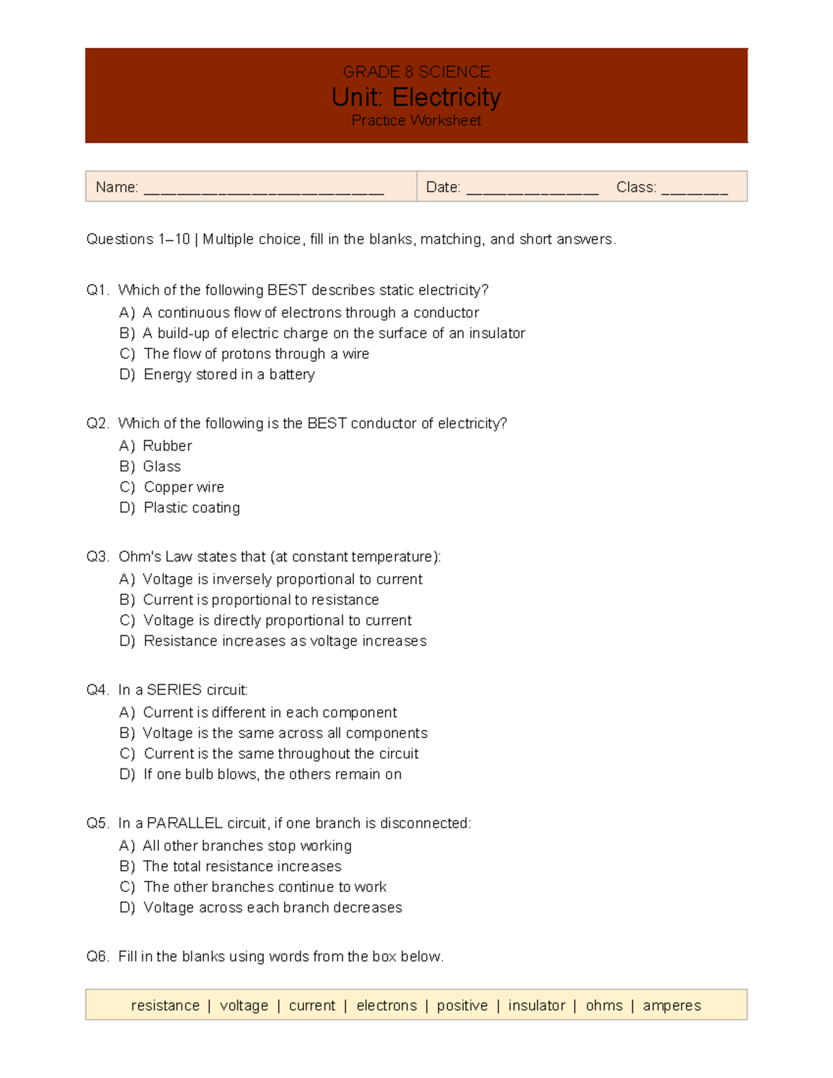 GRADE 8 SCIENCE: Electricity Practice Worksheet - Studocu