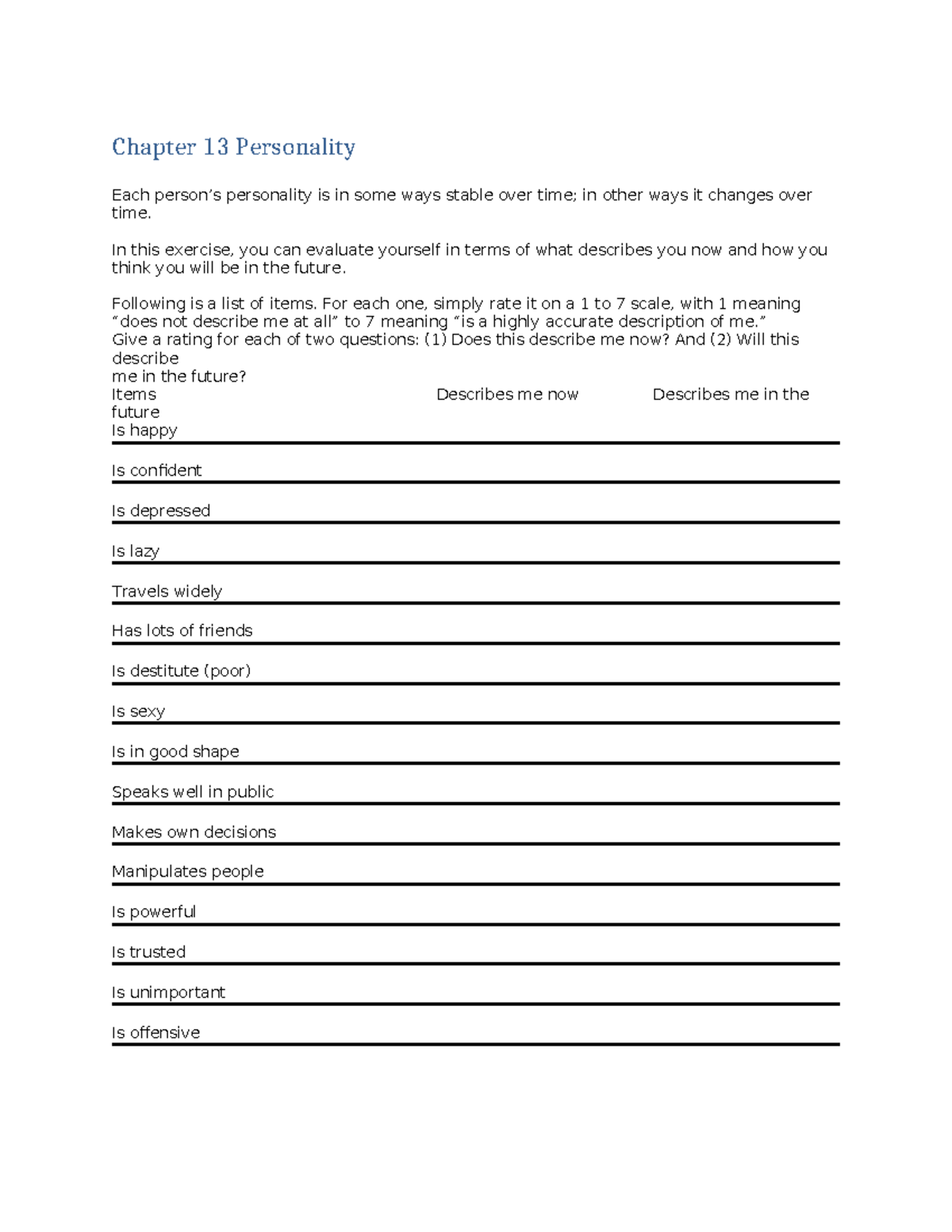 Chapter 13 Personality Self-Evaluation Activity - Studocu