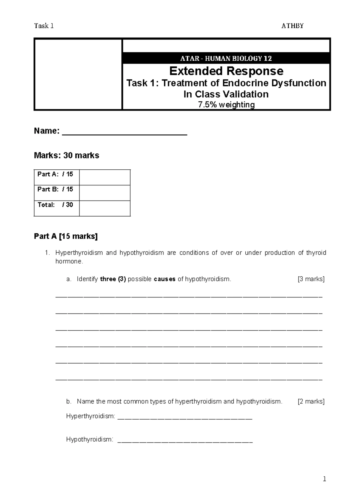 Task 1 H12 ATAR HUMAN BIOLOGY 12: Endocrine Dysfunction Research - Studocu