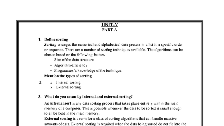 Unit 5 - Searching, Sorting, and Hashing Techniques (CS3301_DS) - Studocu