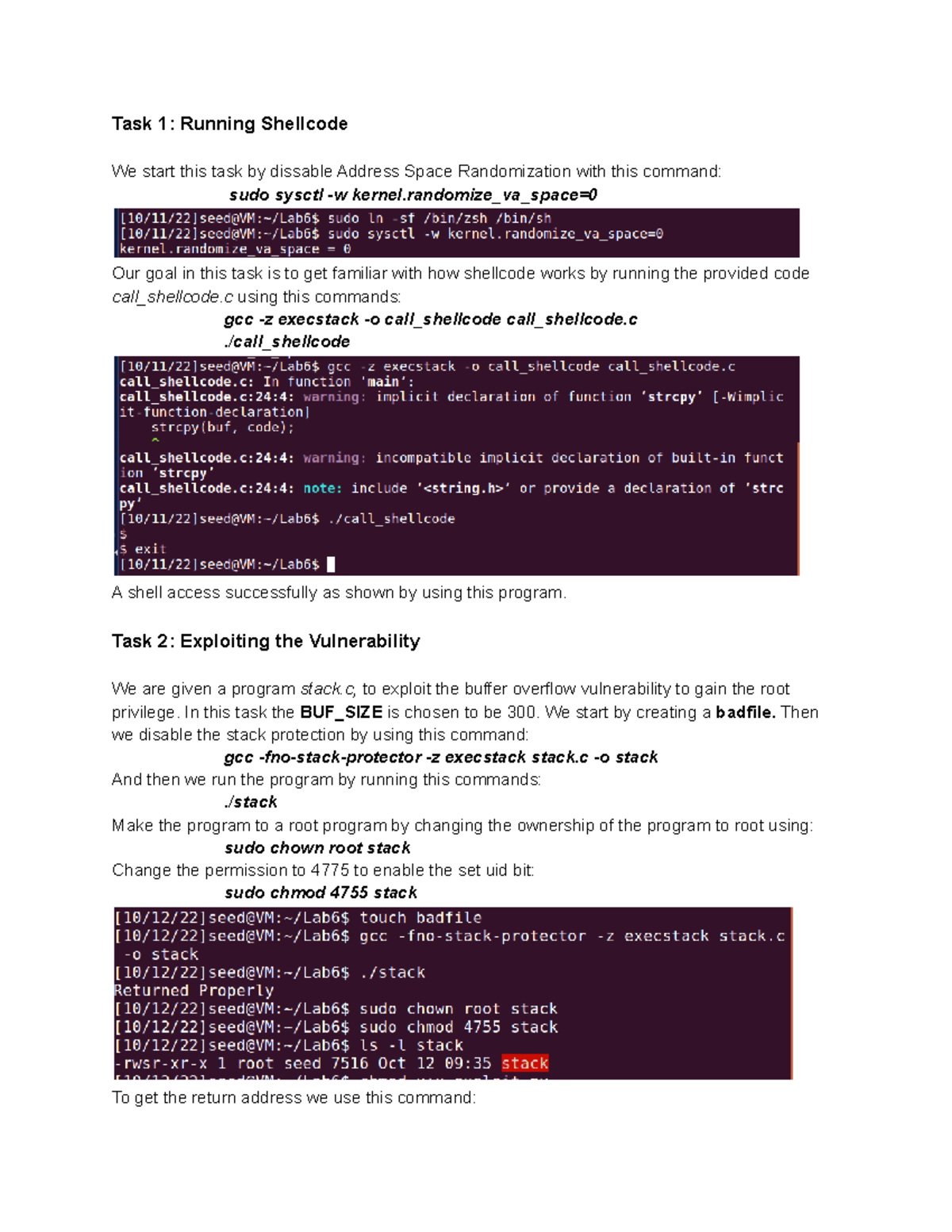 Buffer-Overflow Vulnerability Lab 6 - Task 1: Running Shellcode We ...