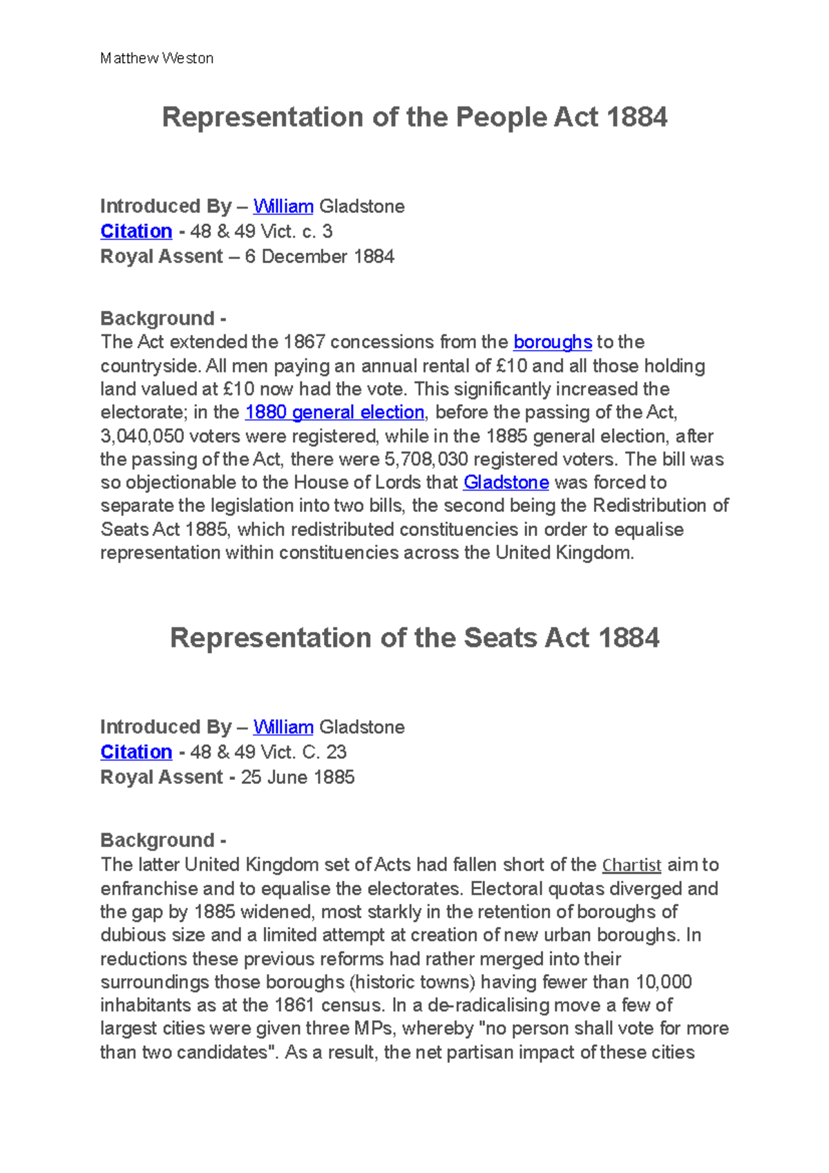 Representation of the People Act 1884 & Redistribution of Seats Act ...