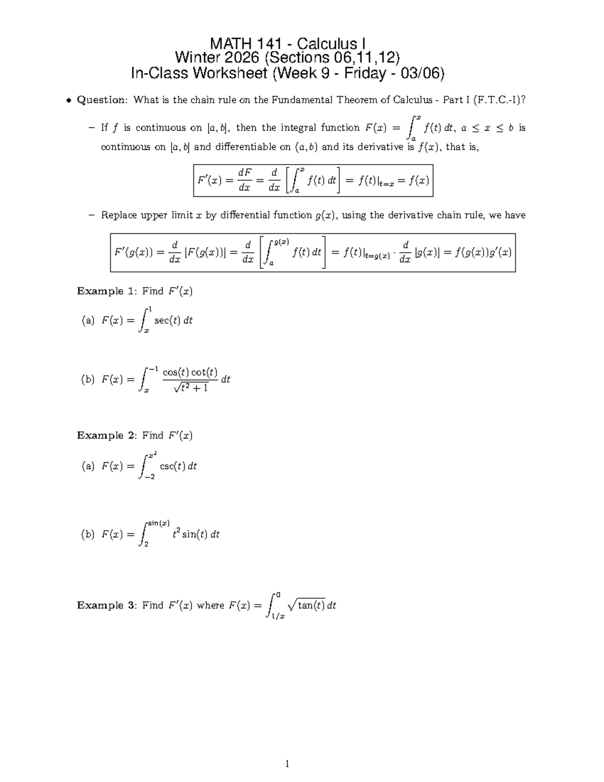 MATH 141 - Calculus I In-Class Worksheet (Week 9) - Studocu