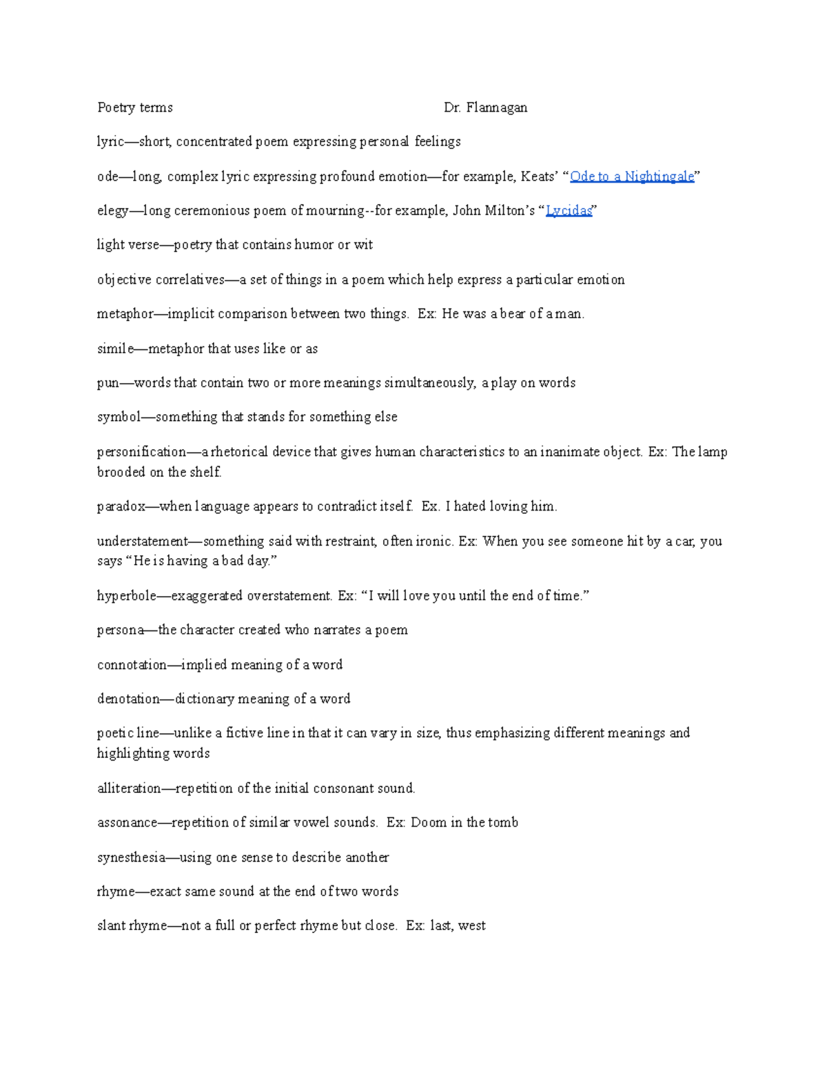 Poetry Terms Glossary - Key Definitions & Examples for ENG101 - Studocu