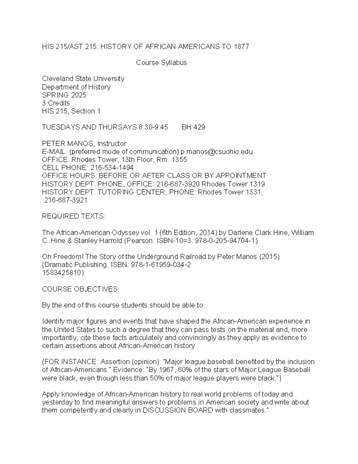 Syllabus for HIS 215 African American History to 1877 - Spring 2025 ...