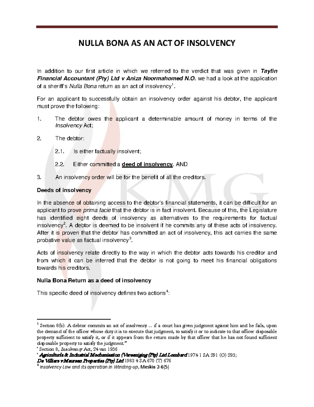 Article - Nulla Bona Return: An Act of Insolvency Explained - Studocu