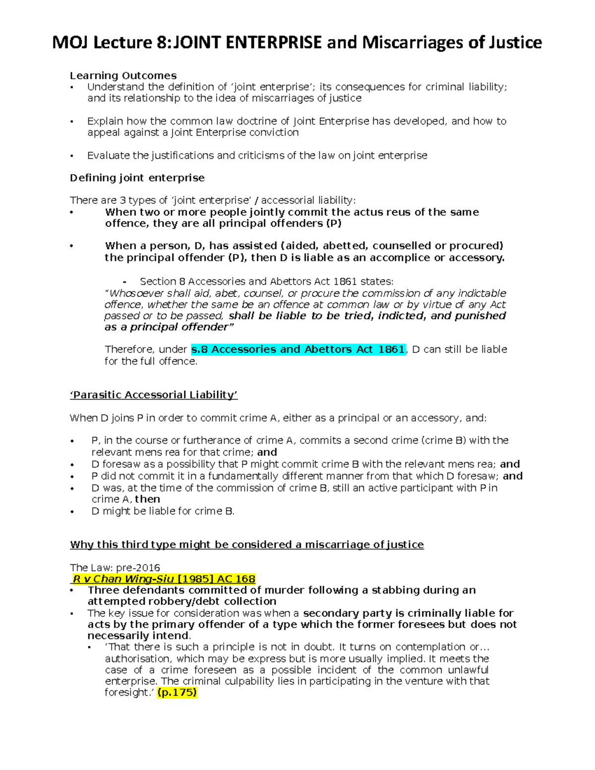 Lecture 8 - Miscarriages of Justice: Joint Enterprise Notes - Studocu