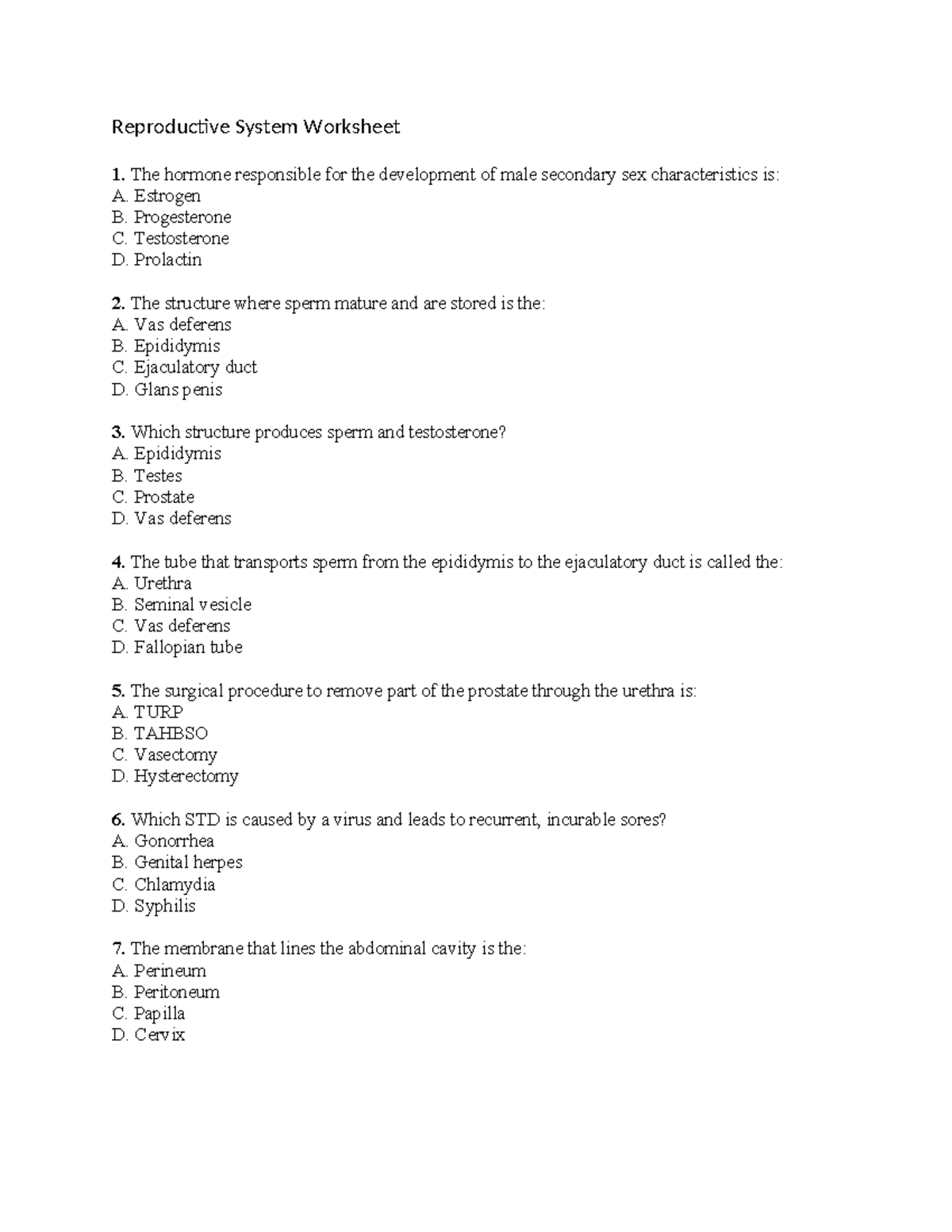 Reproductive System Worksheet: Key Concepts and Questions - Studocu