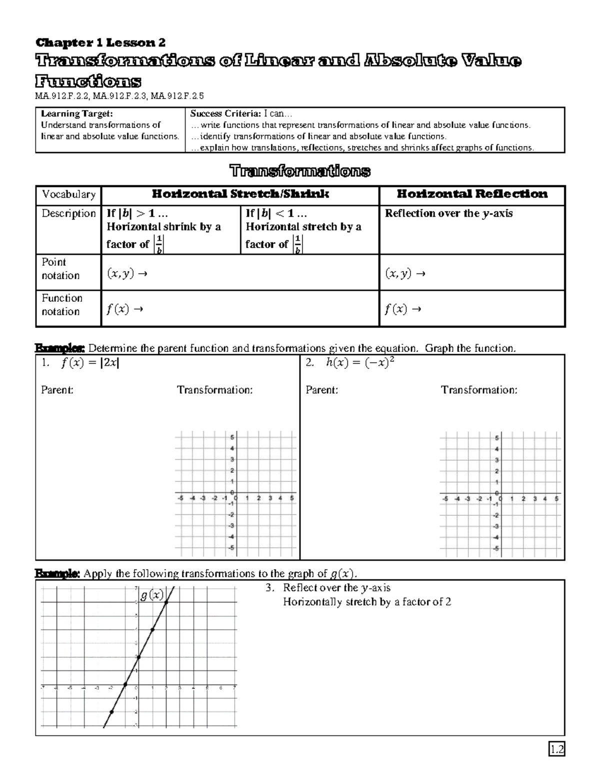 1.2 - Transformations of Linear and Absolute Value Functions - 1. 2 Chapter 1 Lesson 2 MA.912.F ...