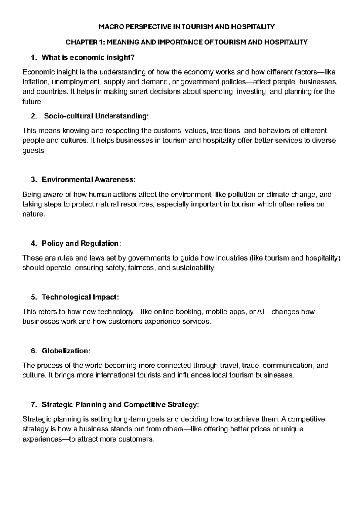 MACRO PERSPECTIVE IN TOURISM AND HOSPITALITY CHAPTER 1: MEANING ...
