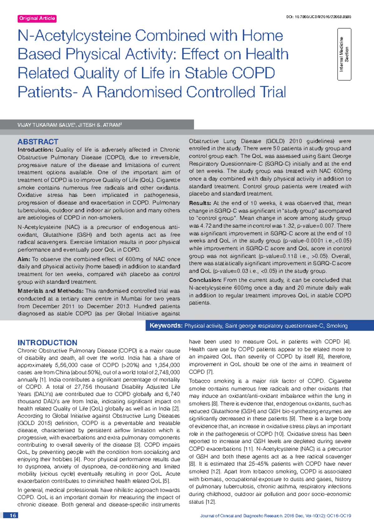 Effect of NAC and Home-Based Exercise on QoL in Stable COPD: A RCT ...