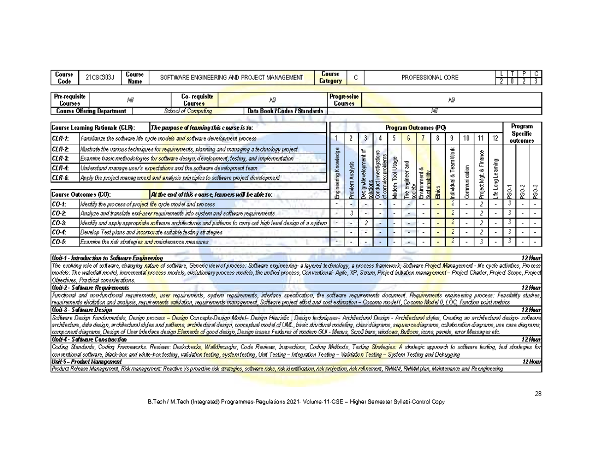 21CSC303J Final Syllabus for Software Engineering & Project Management - Studocu