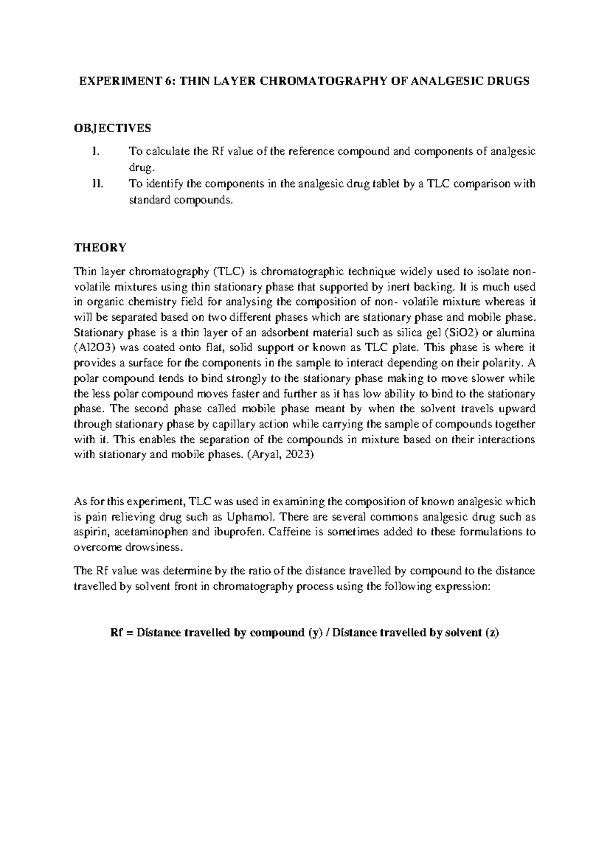 CHM457 EXP 6: TLC Analysis of Analgesic Drugs and Rf Value Calculation ...