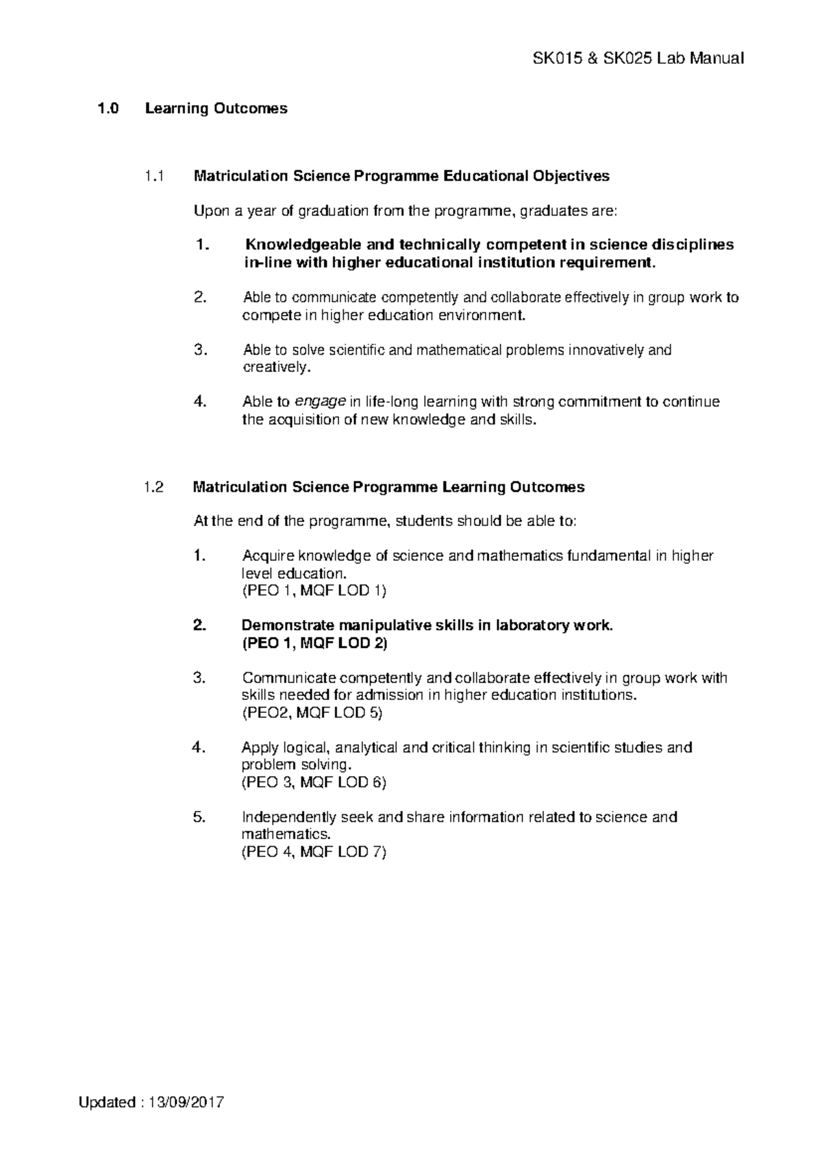 LAB Manual SK015 SK025 - SK015 & SK025 Lab Manual 1 Learning Outcomes 1 ...