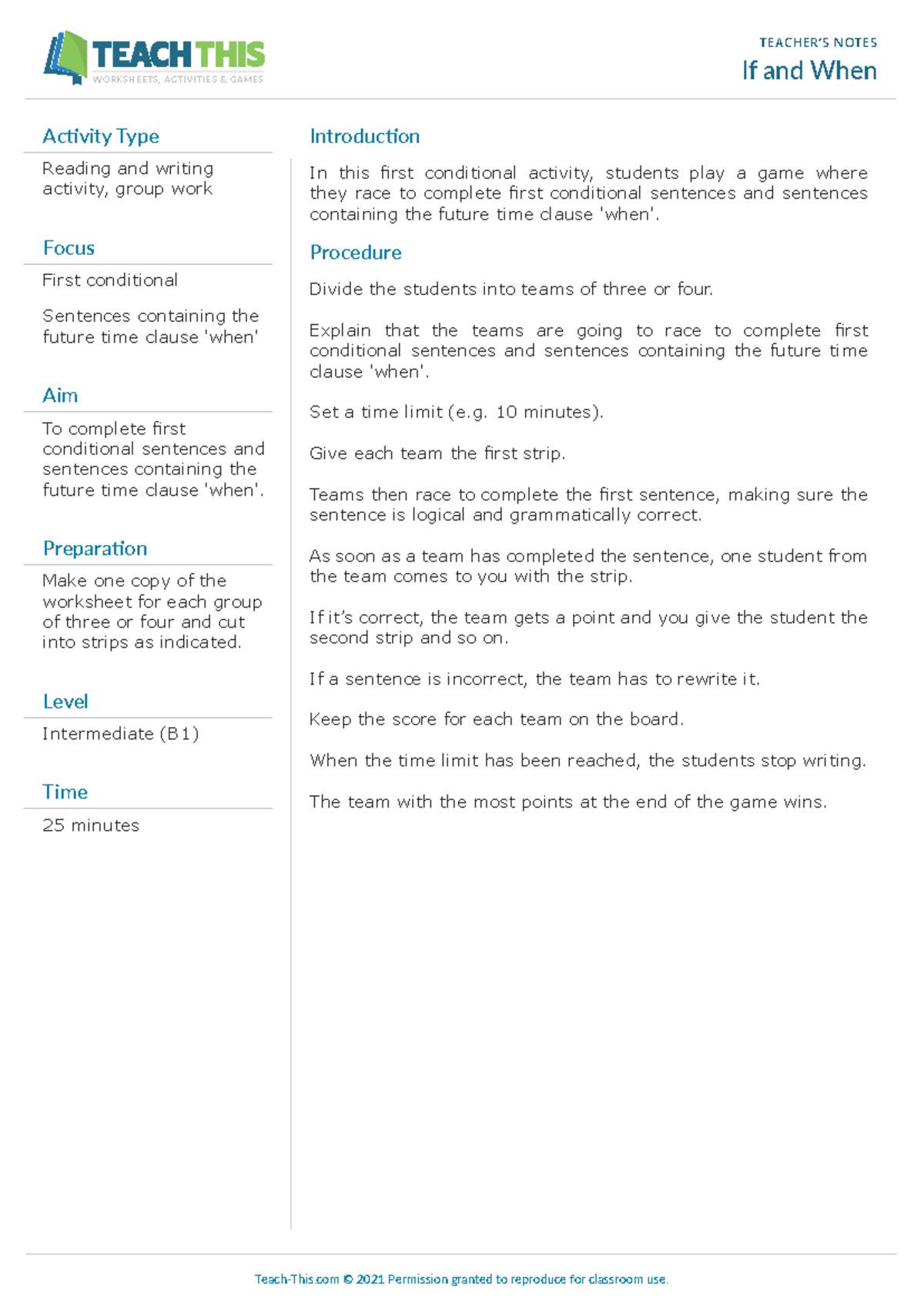 If-and-when - conditionals - TEACHER’S NOTES If and When Introduction ...