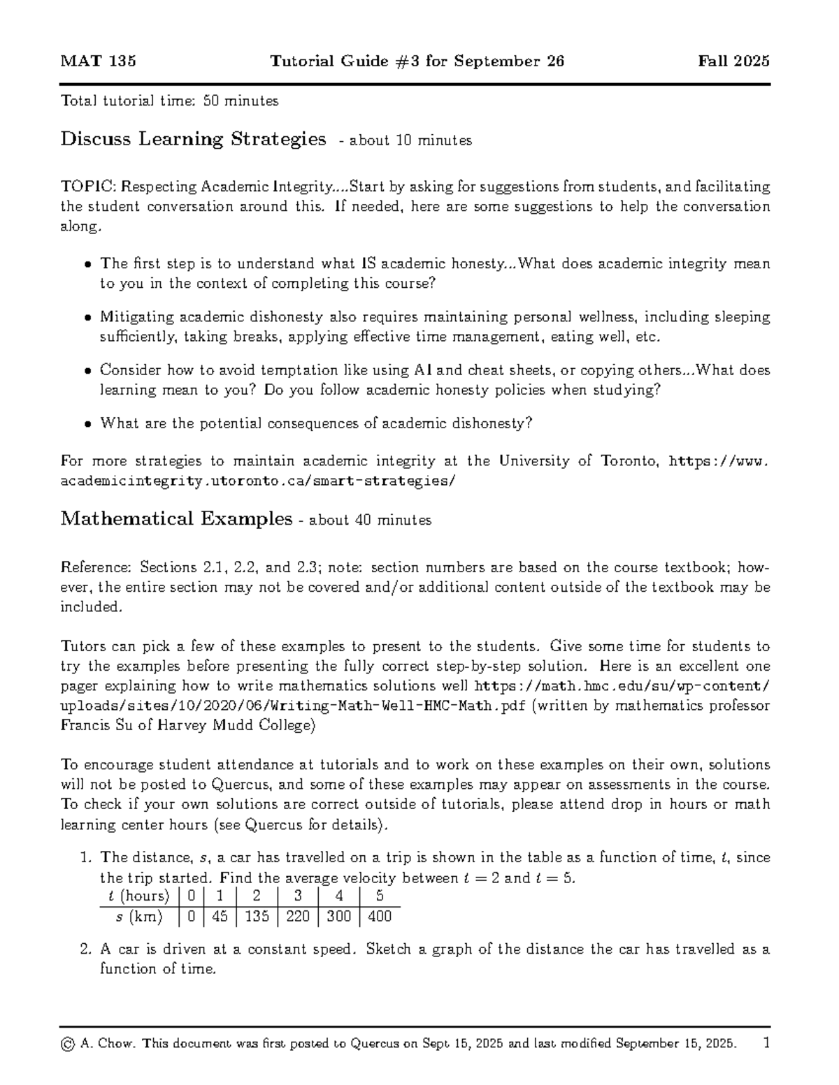 MAT 135 F2025 Tutorial 3: Academic Integrity & Math Strategies - Studocu