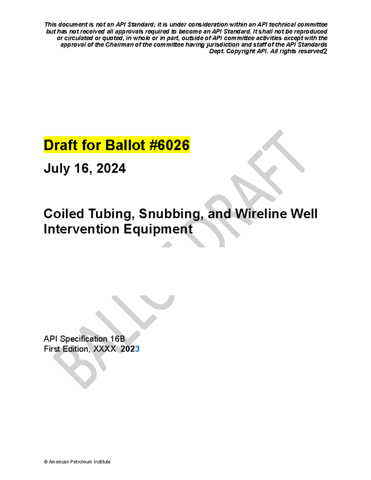 API Specification 16B: Coiled Tubing, Snubbing & Wireline Equipment ...