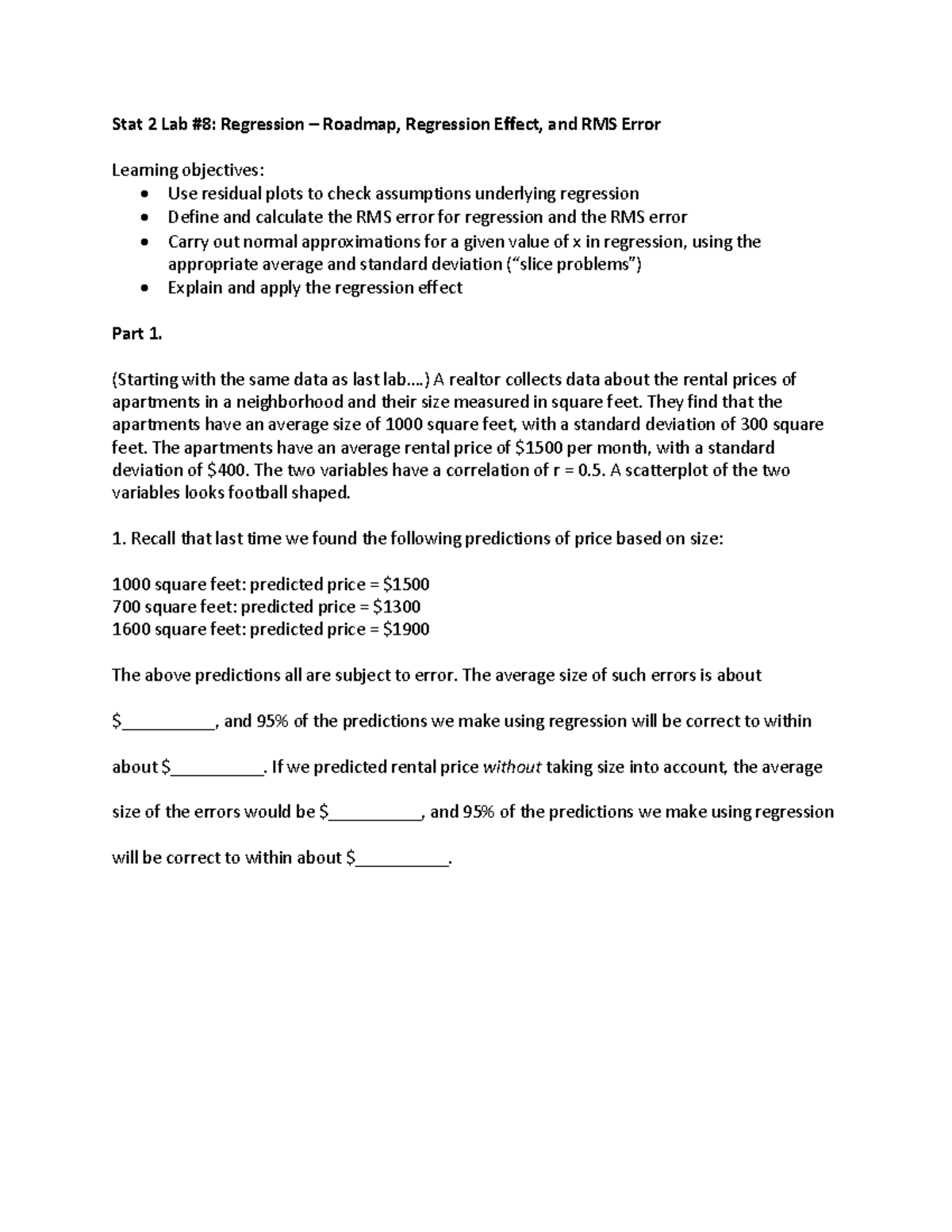 Stat 2 Lab 8: Regression Roadmap, Effects & RMS Error Analysis - Studocu