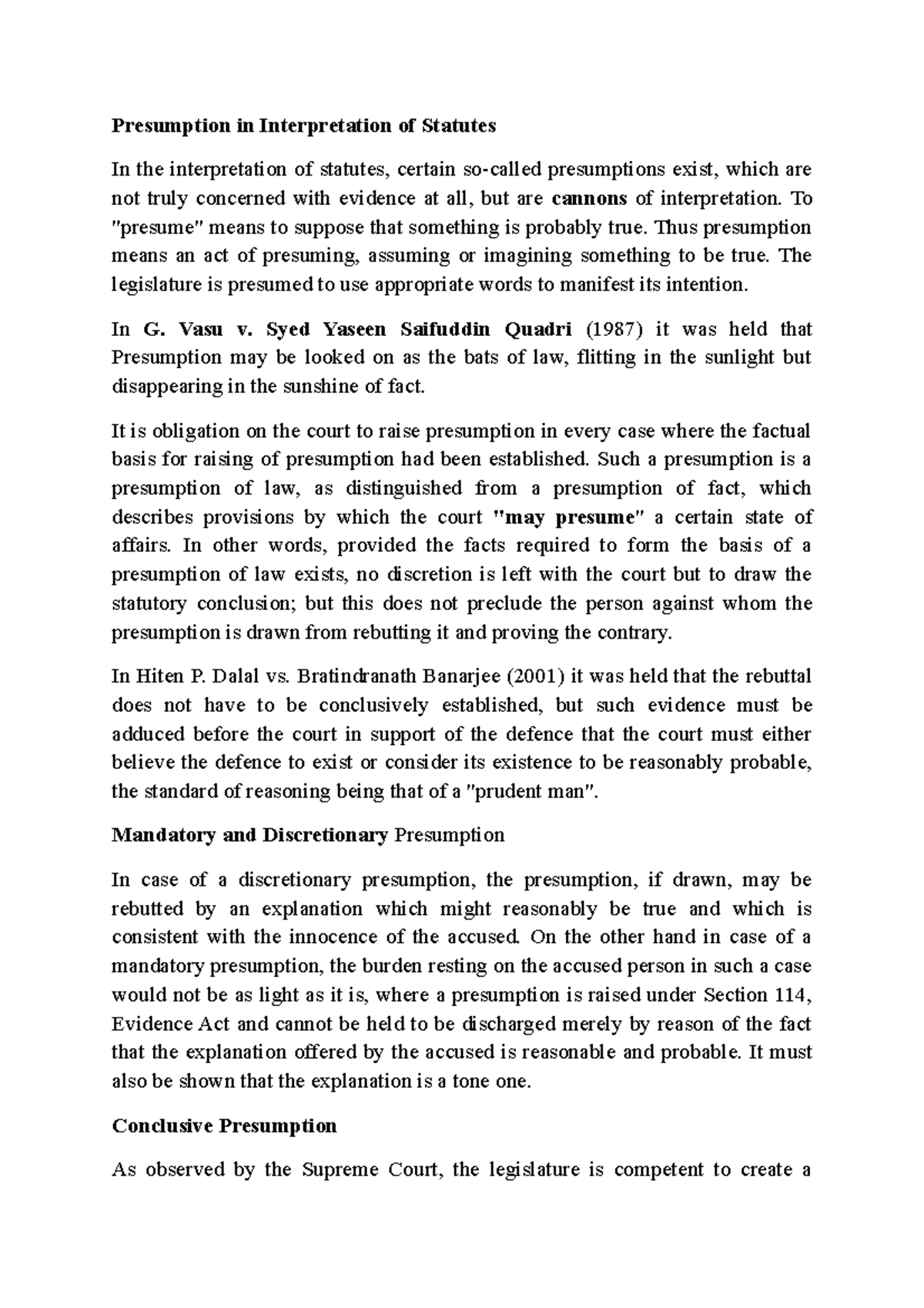 Presumptions in Statutory Interpretation - Lecture Notes - Studocu