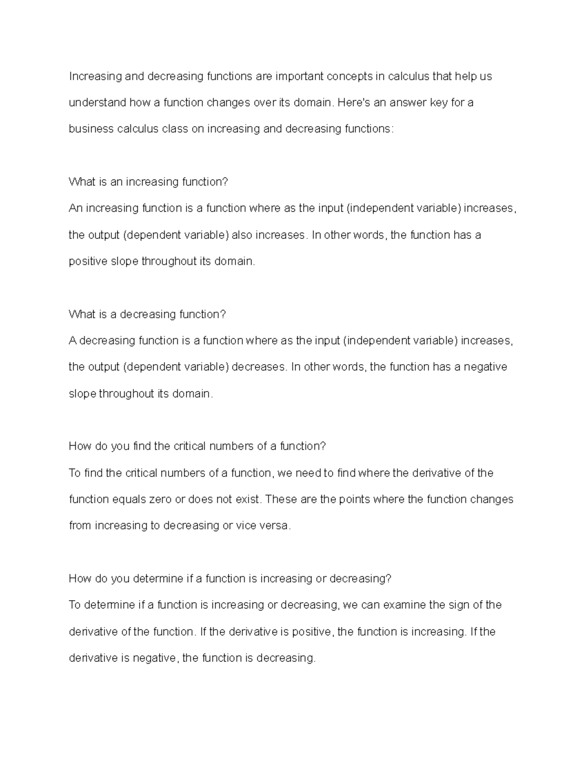 Business Calculus: Increasing & Decreasing Functions Answer Key - Studocu
