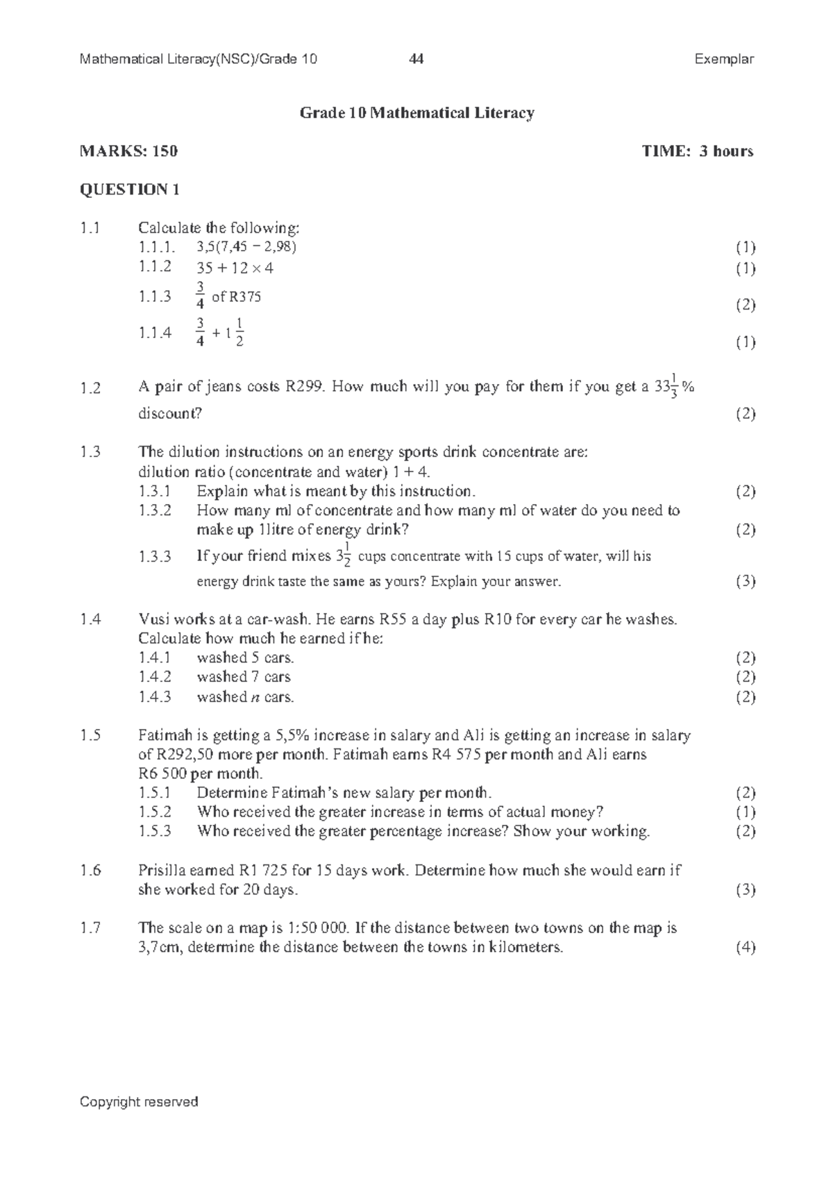 Maths lit 10 - Grade 10 Mathematical Literacy MARKS: 150 TIME: 3 hours ...