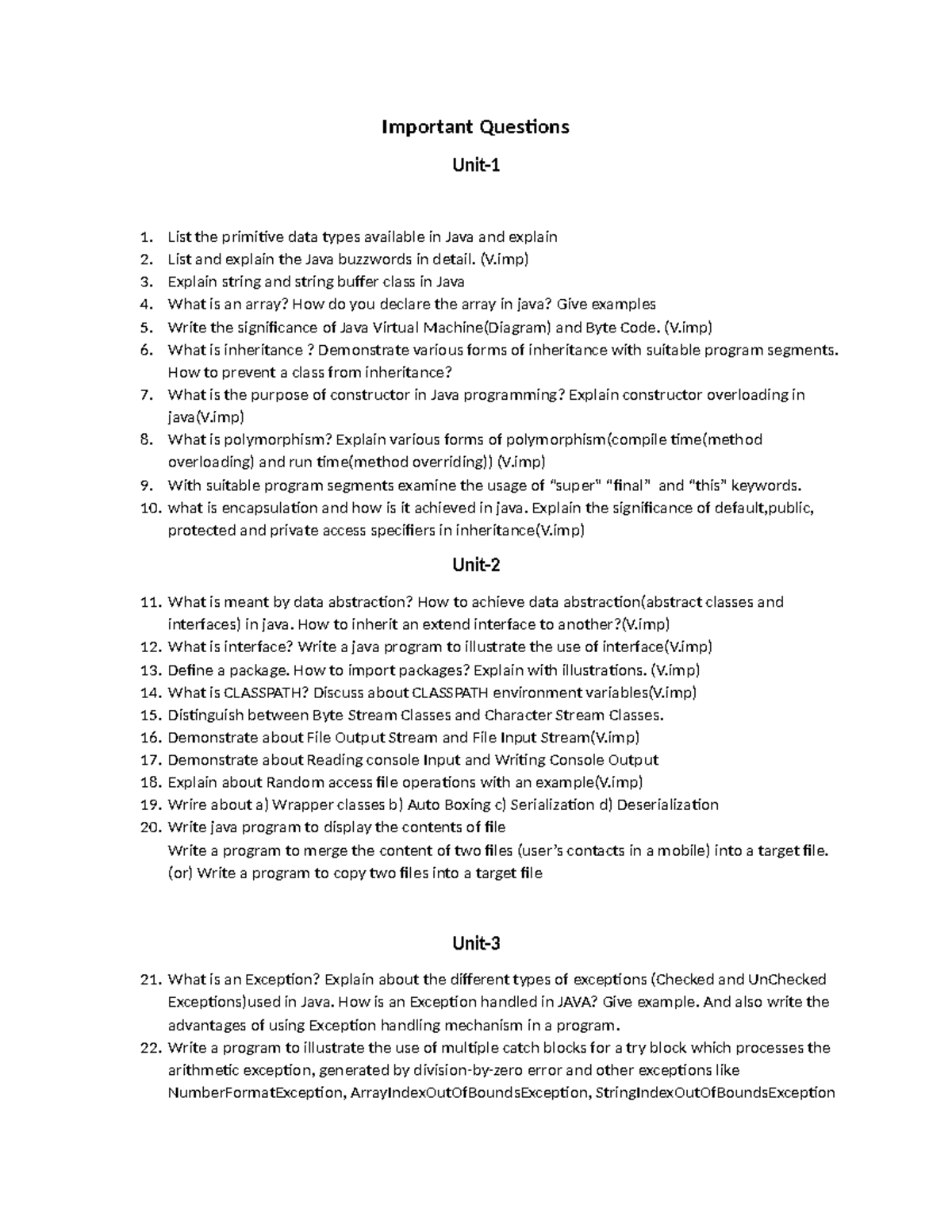 Java Important Questions for R22 Exam Preparation - Studocu