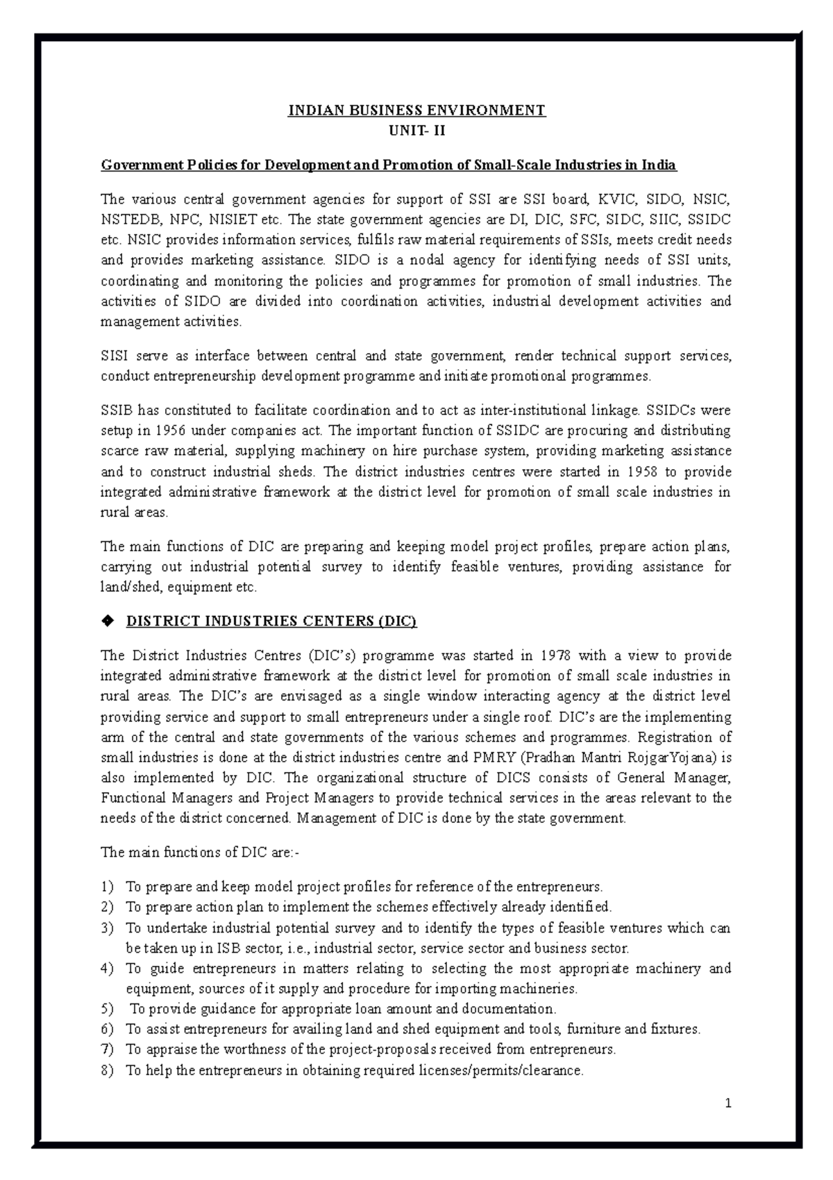 Chapter 4: Role of DIC, SIDBI, and SFC in SSI Promotion - Studocu