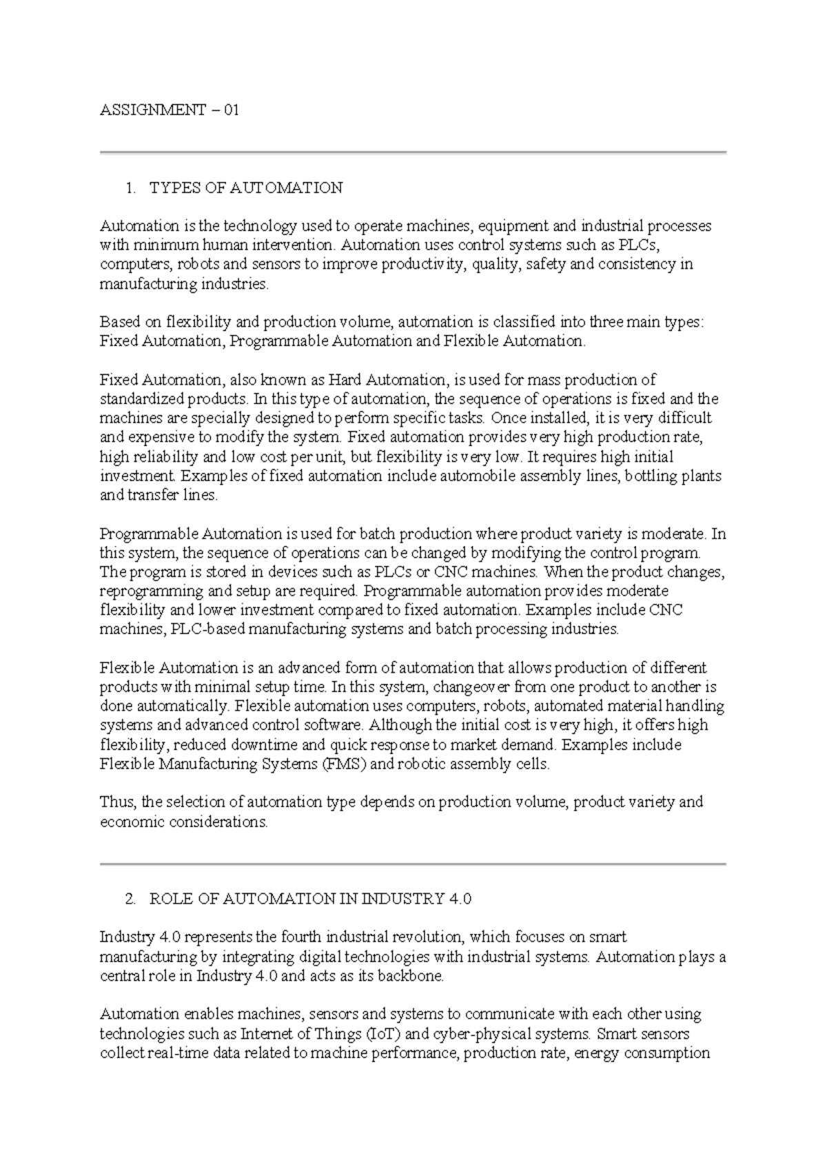 IA Assignment: Types, Roles, and Elements of Automation Systems - Studocu