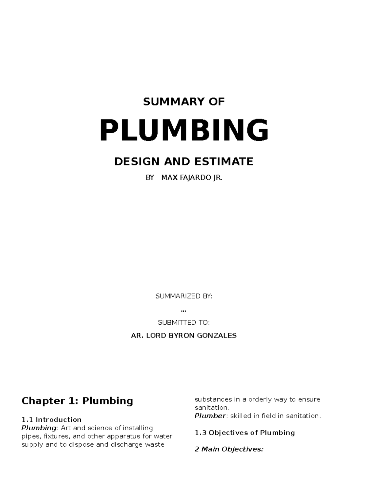 Building Utilities - SUMMARY OF PLUMBING DESIGN AND ESTIMATE BY MAX ...