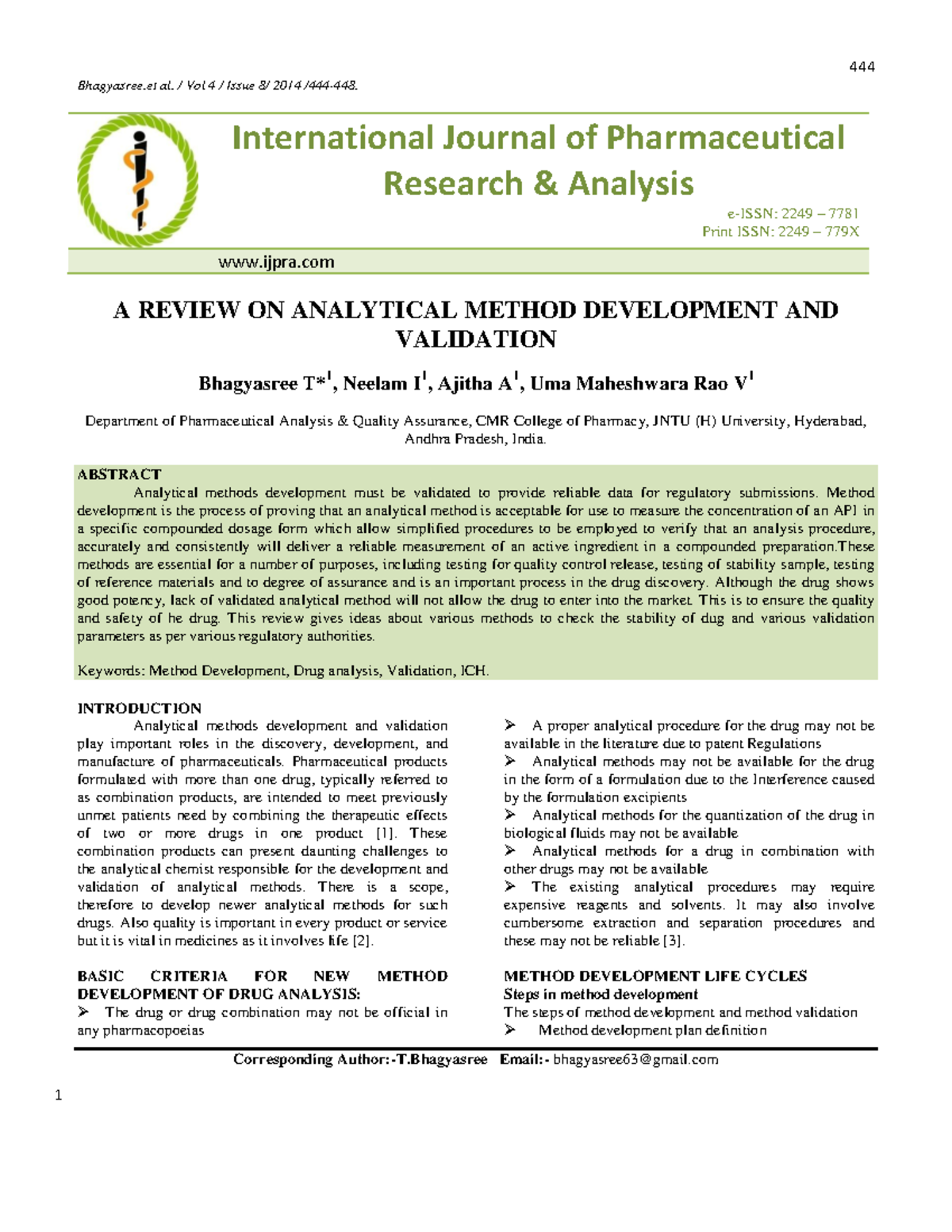 Review on Analytical Method Development & Validation in Pharma - Studocu