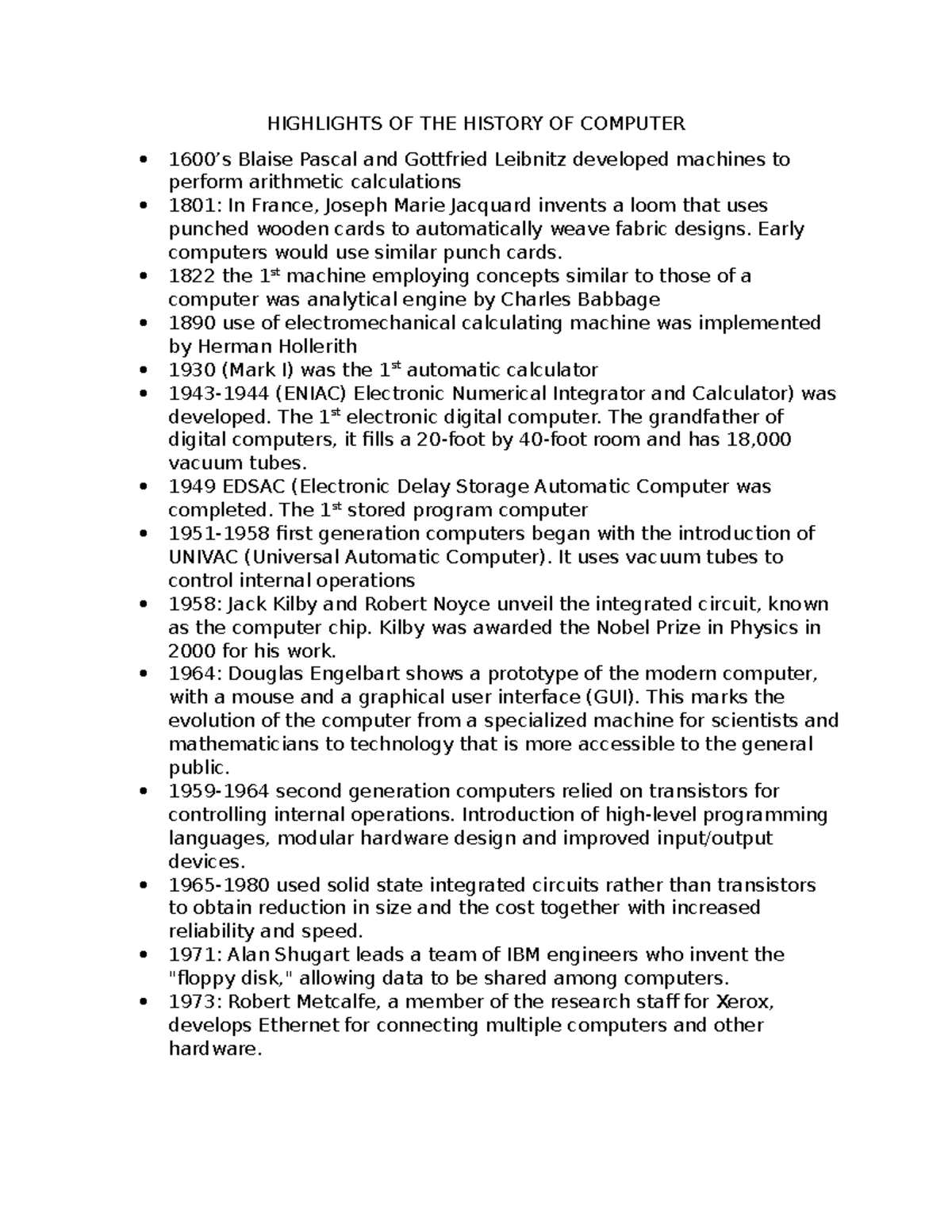 Highlights OF THE History OF Computer - HIGHLIGHTS OF THE HISTORY OF ...