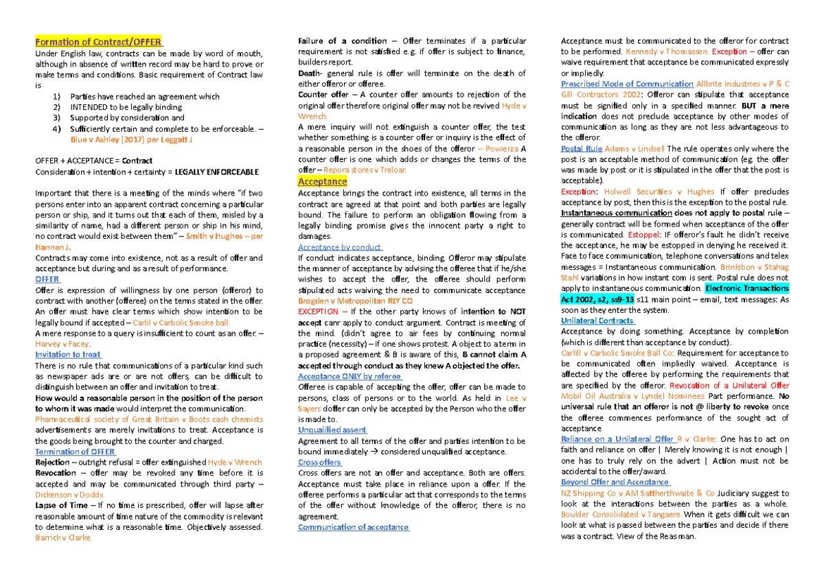 Contracts Notes: Key Definitions and Principles (CCLA 2017) - Studocu