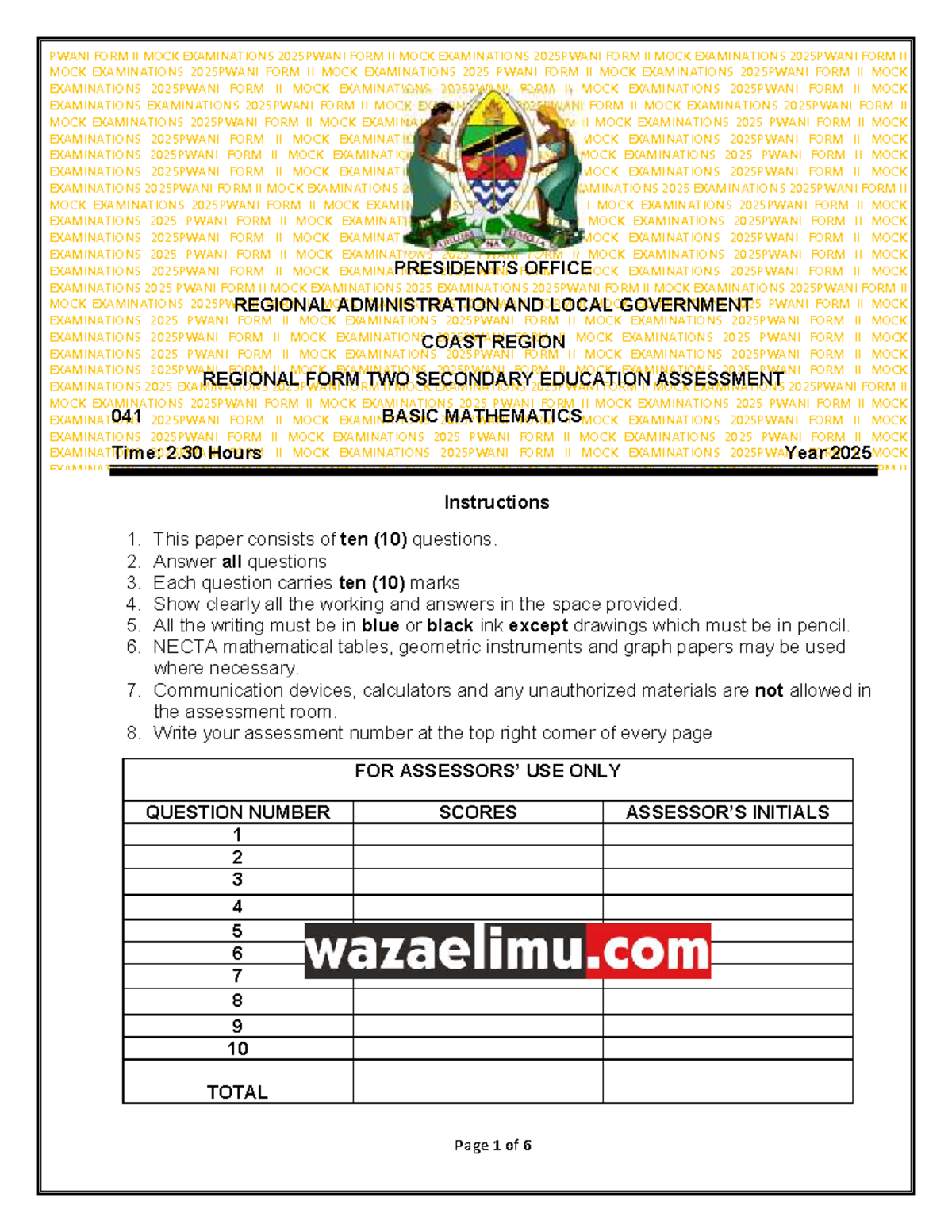PWANI FORM II MOCK EXAM 2025 - BASIC MATHEMATICS - Studocu