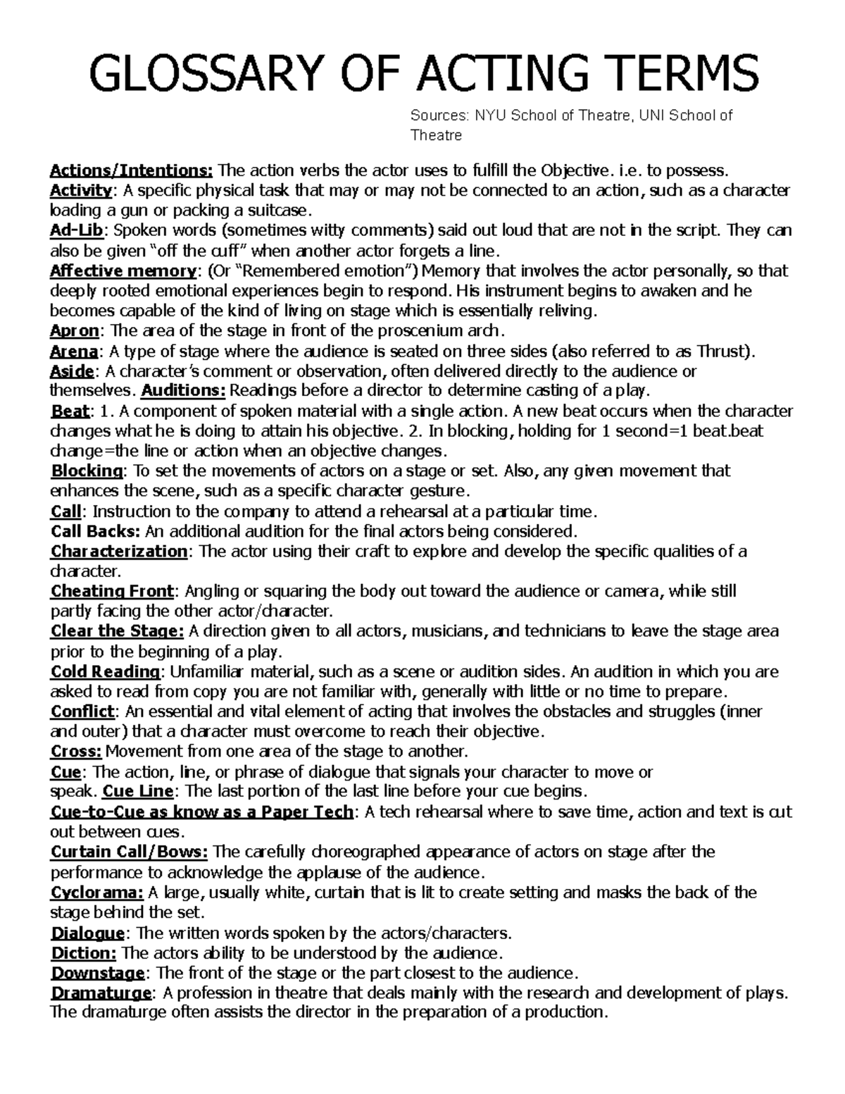 Beginning Acting Terms Glossary - HO - Studocu