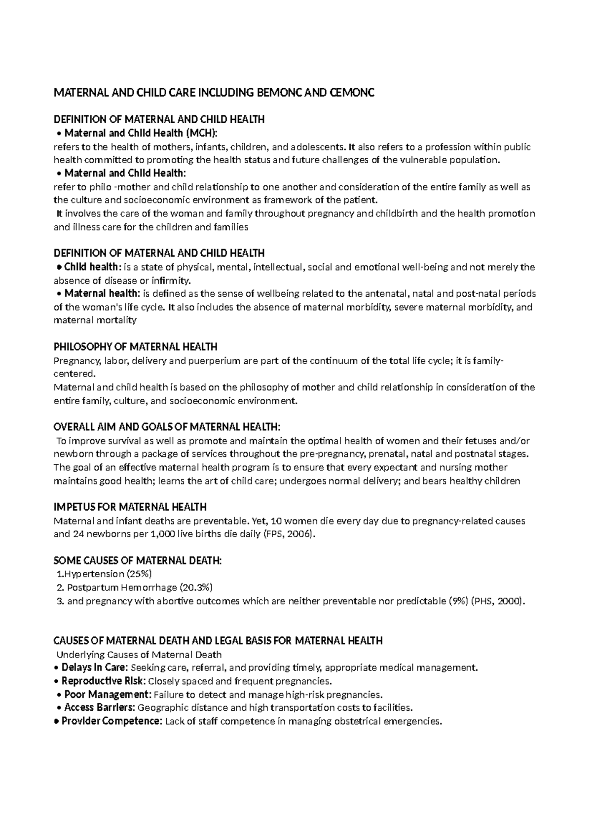 CHN - Maternal and Child Care: BEmONC & CeMONC Overview - Studocu