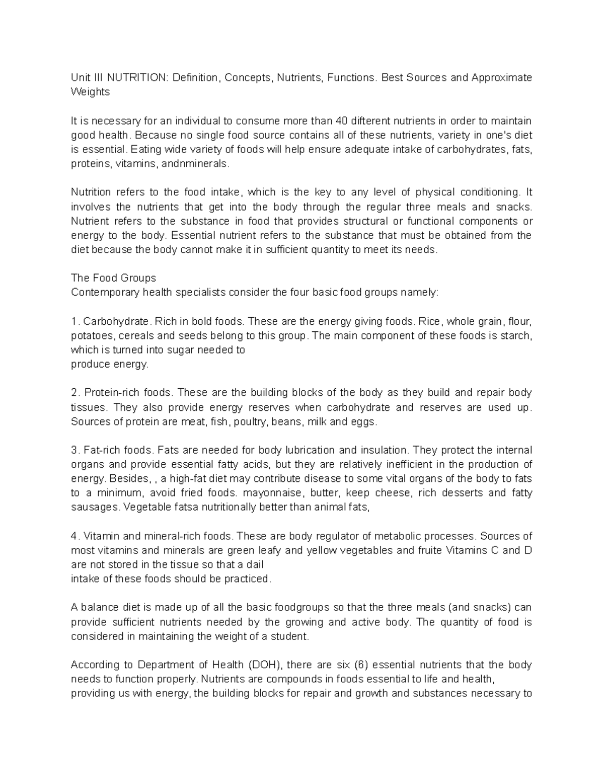 Unit III Nutrition: Key Concepts, Nutrients, and Health Functions - Studocu