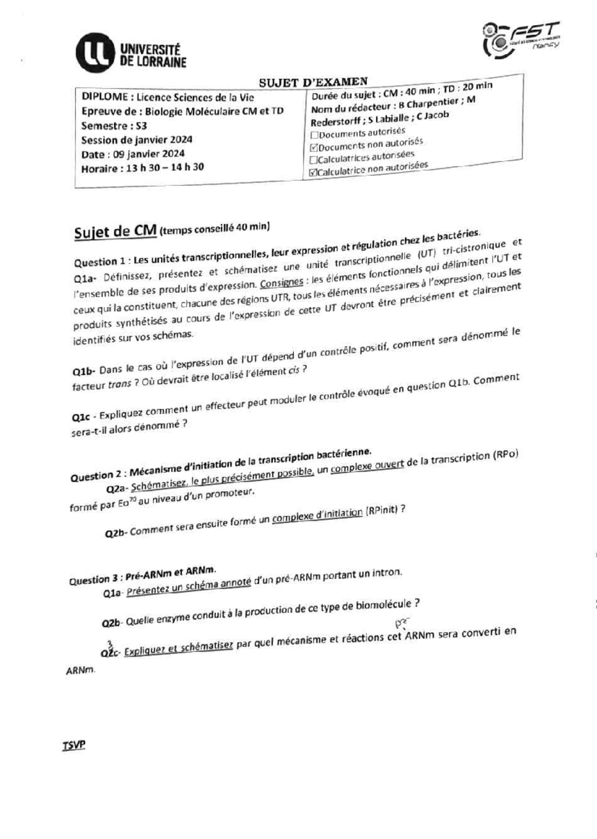 Bio Mol CT 2024 - Sujet de Diplôme en Biologie Moléculaire - Studocu