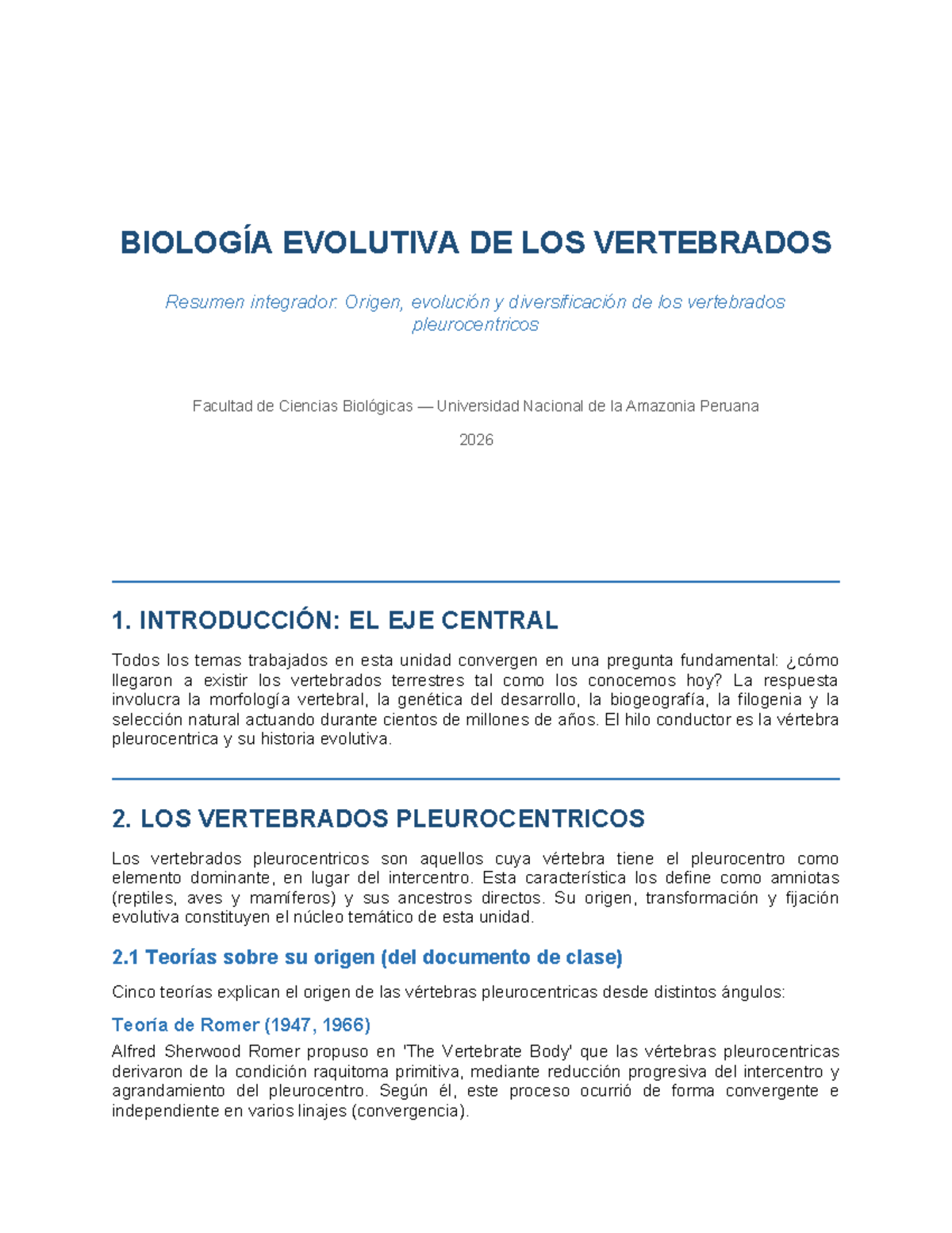BIO 2026: Resumen de Vertebrados Pleurocentricos y su Evolución - Studocu