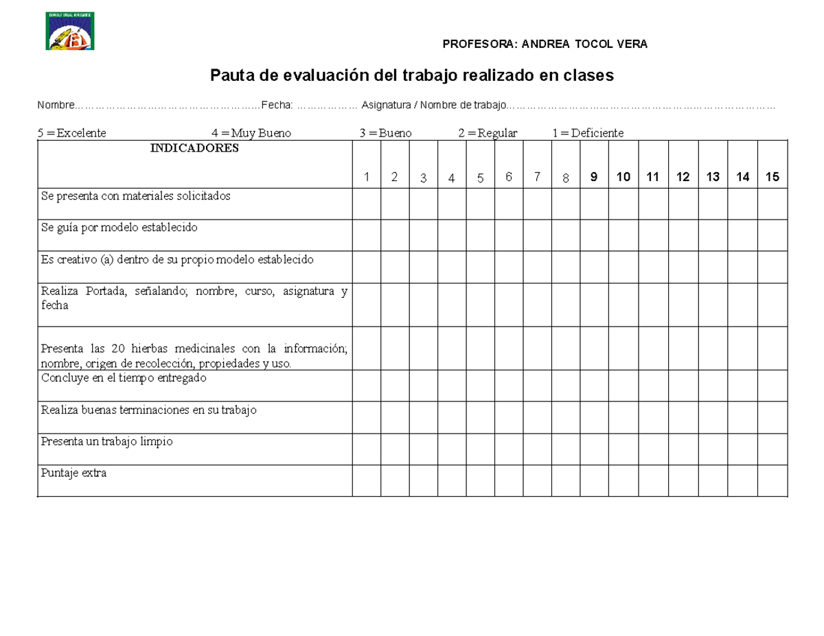 Pauta herbario - PROFESORA: ANDREA TOCOL VERA Pauta de evaluación del trabajo realizado en ...