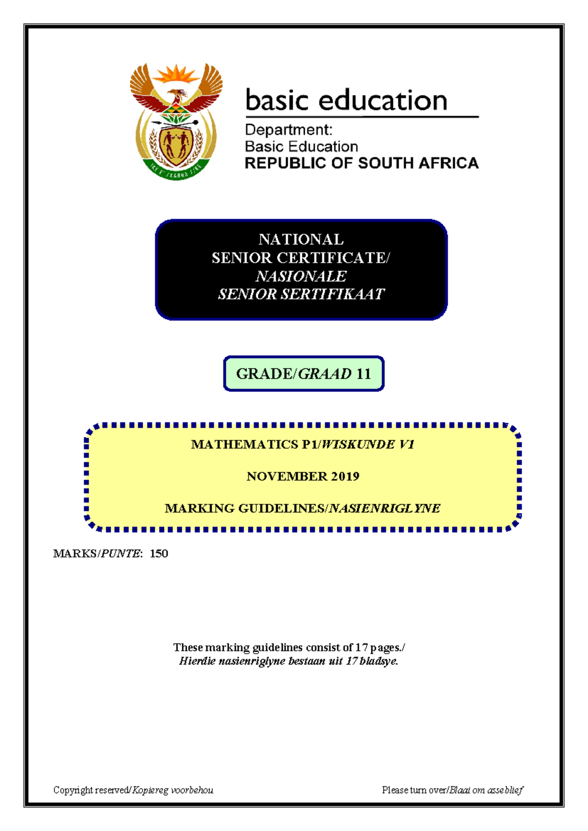 Grade 11 Mathematics P1 November 2019 Final Exam Marking Memo - Studocu