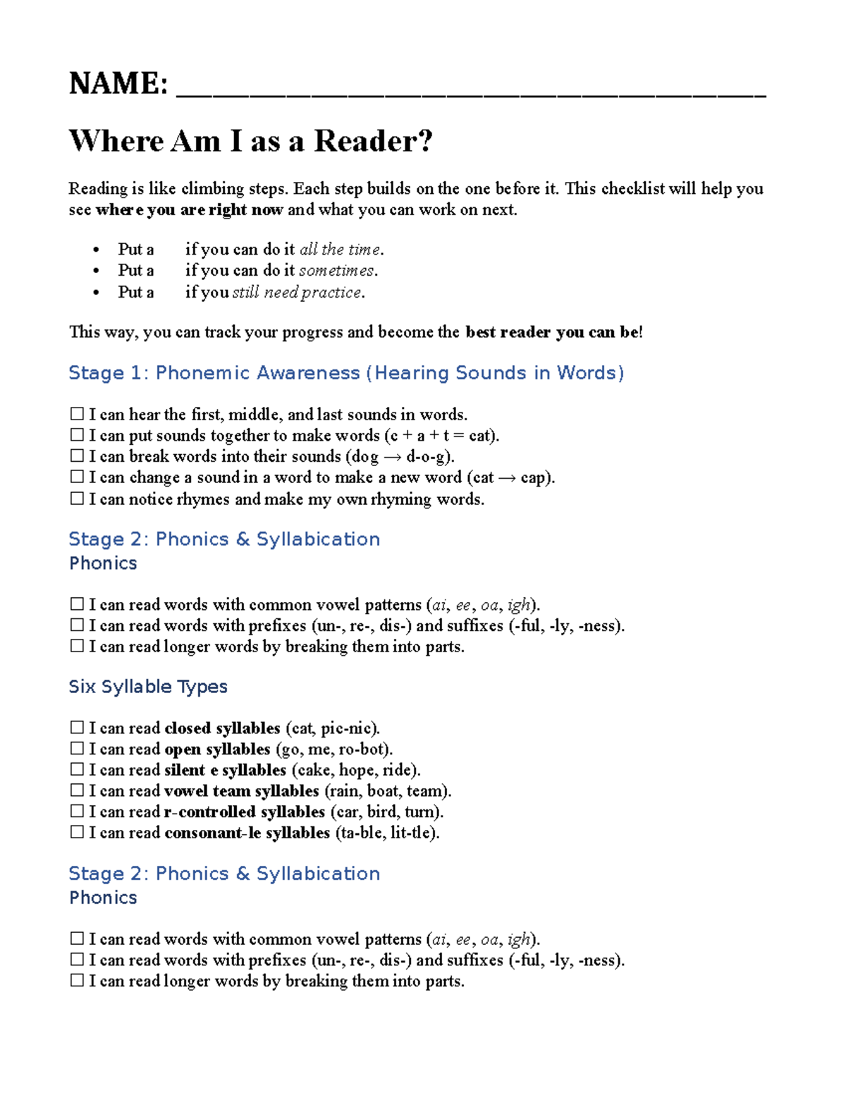 Where Am I as a Reader? - Self-Assessment Checklist - Studocu