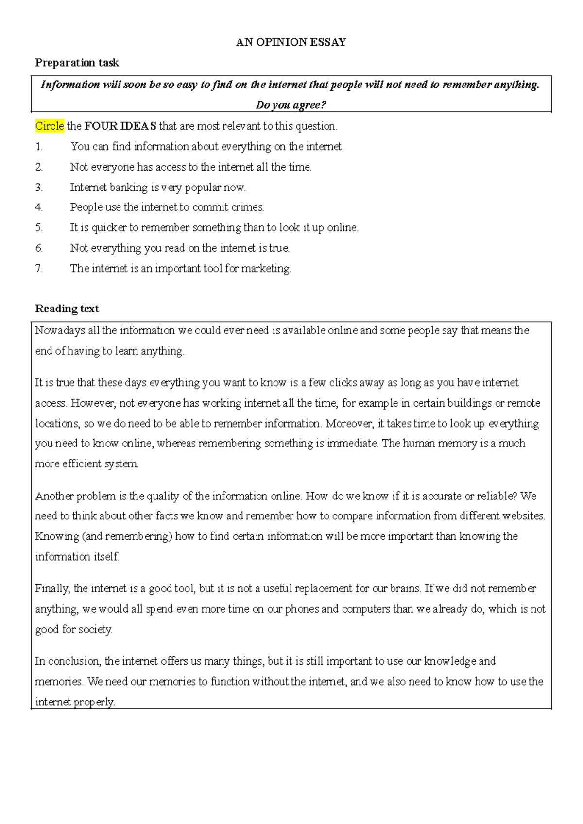 Opinion Essay B2: The Role of Memory vs. Internet Information - Studocu