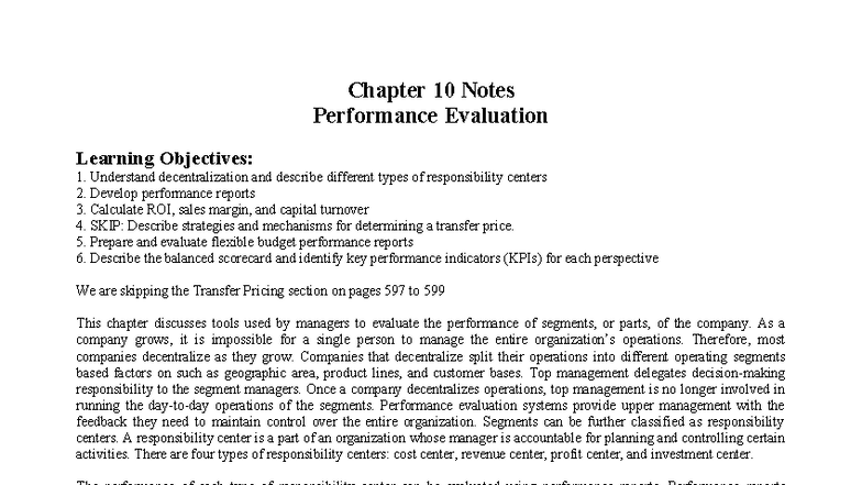 ACCT 2301 Chapter 10 Notes: Performance Evaluation & Flexible Budgets ...