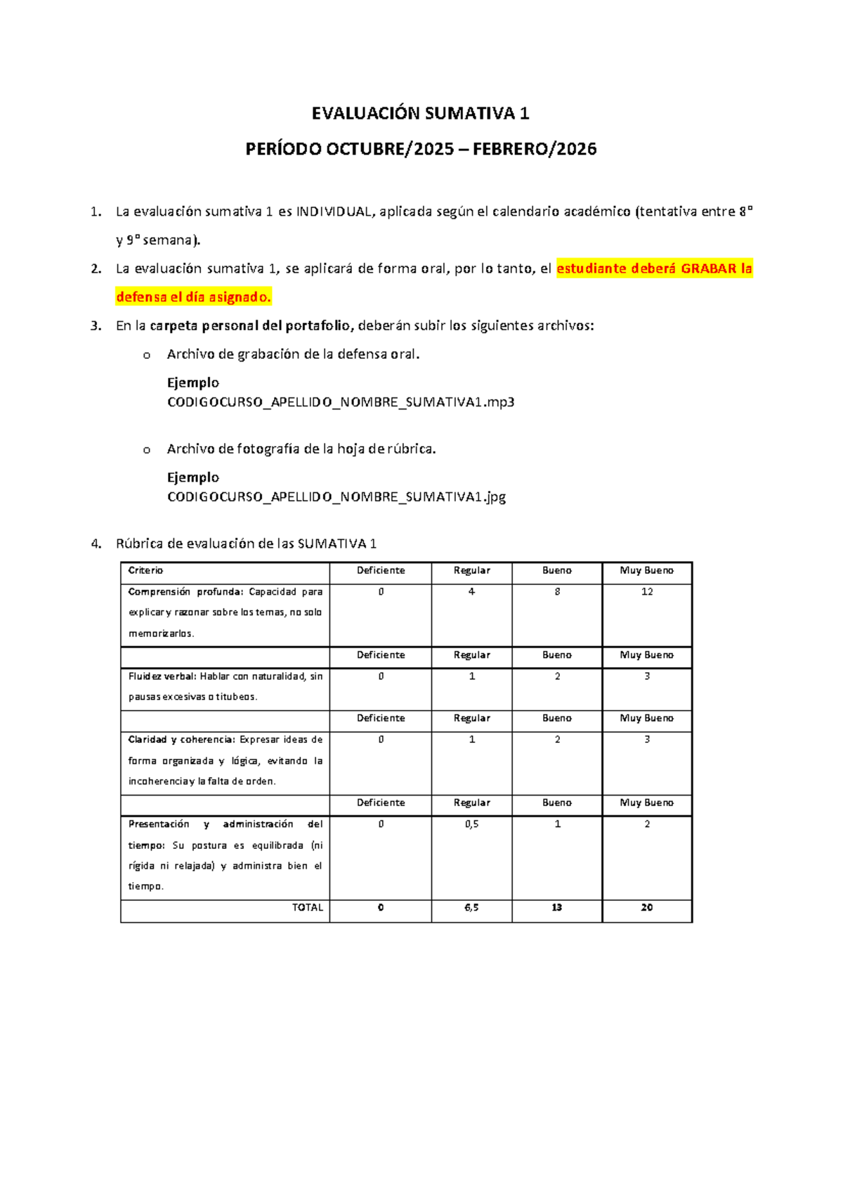 EVALUACIÓN SUMATIVA 1 - PERÍODO 1: INSTRUCCIONES Y RÚBRICA - Studocu