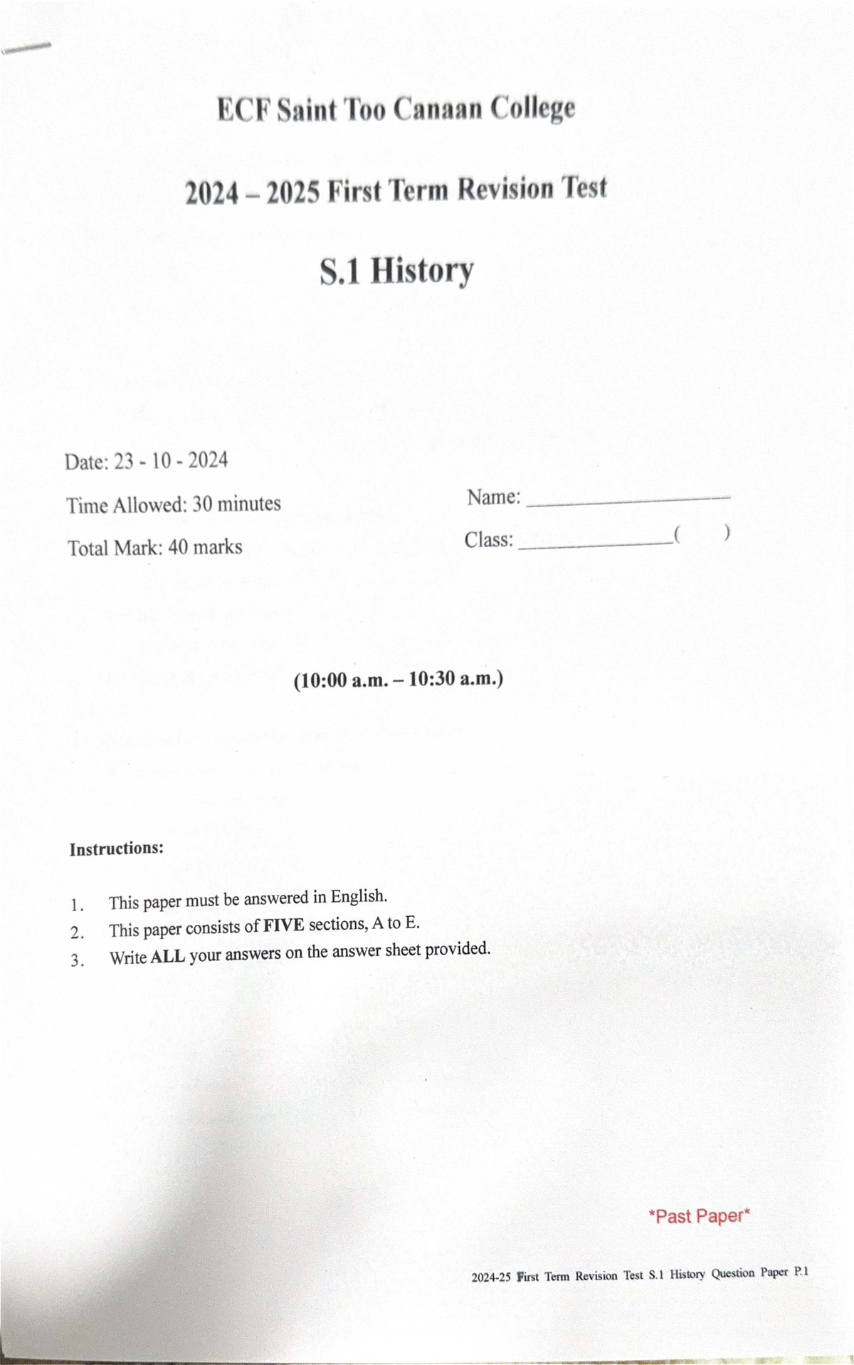S.1 History First Term Revision Test 2024-2025 - Studocu