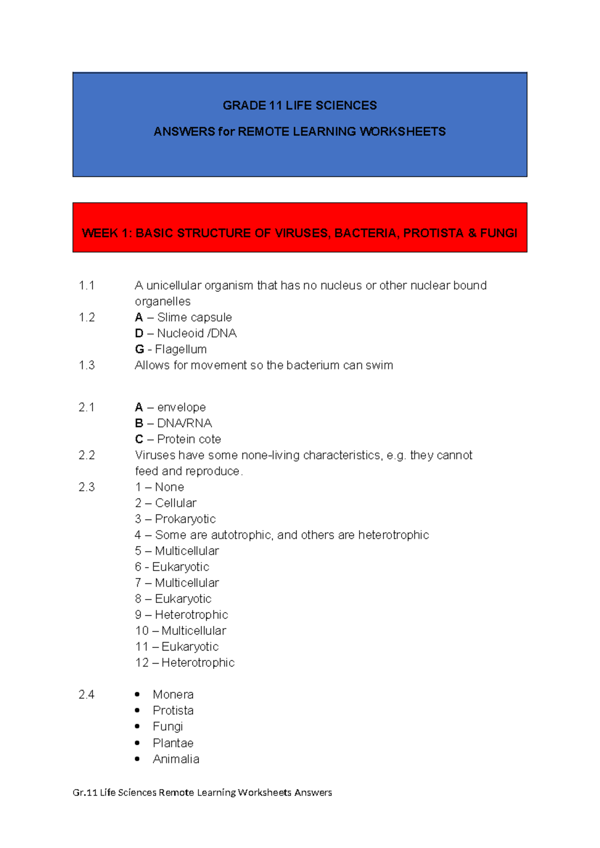 Grade 11 LIFE Sciences Answers Remote learning worksheets weeks 1-3 ...