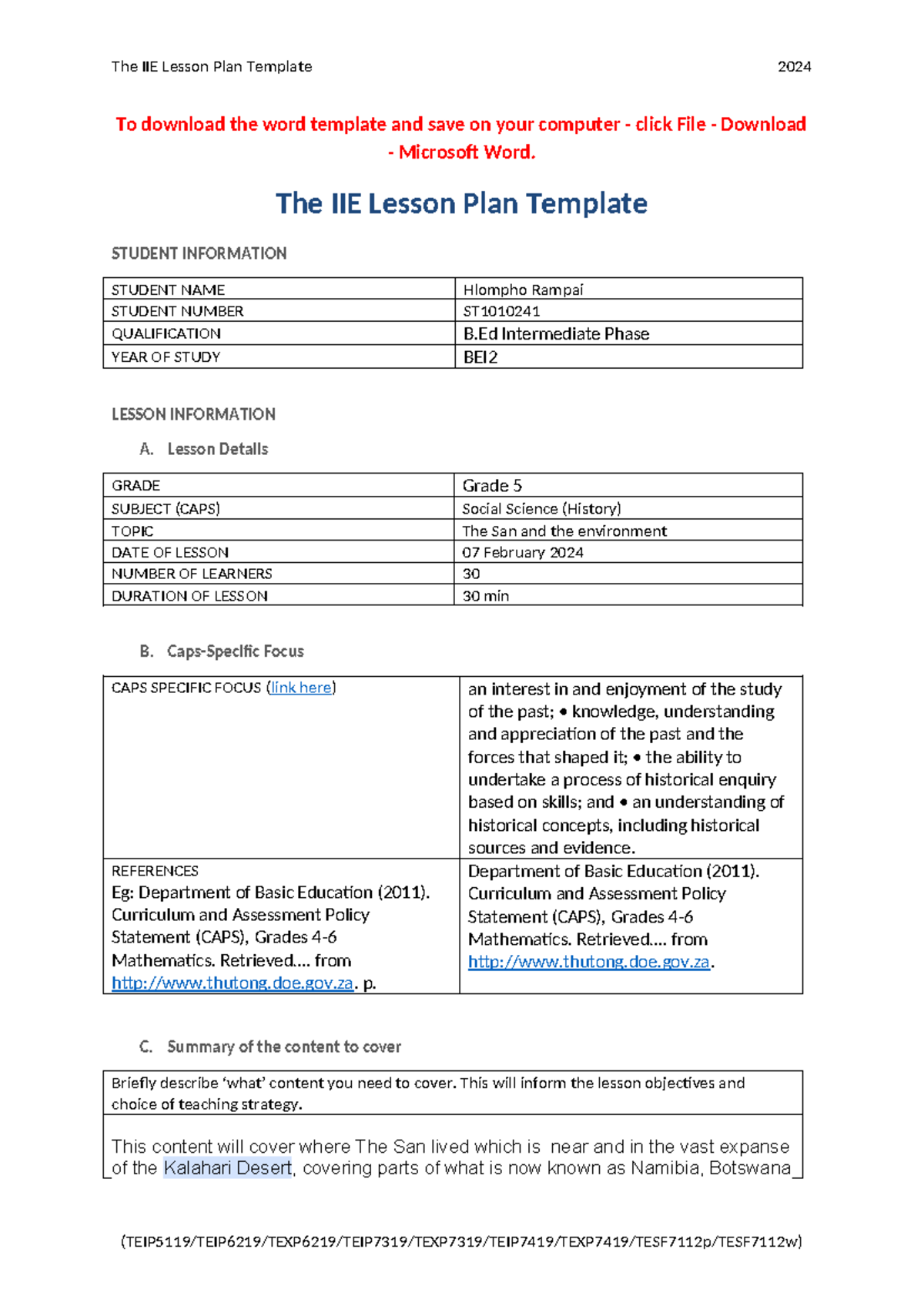 B.Ed Lesson Plan for Grade 5 Social Science (History): The San and ...