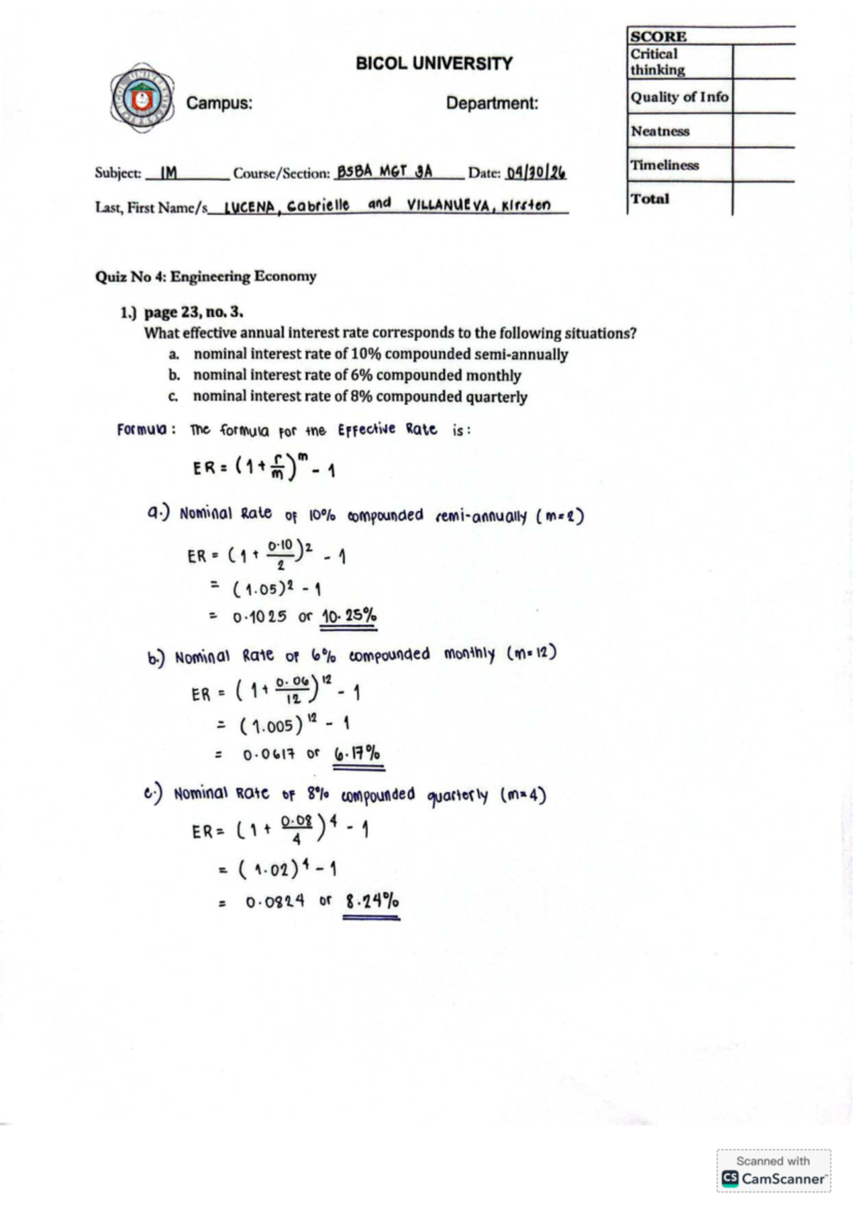 Case Study: Engineering Economy Quiz No. 4 - BSBA MET 8A - Studocu